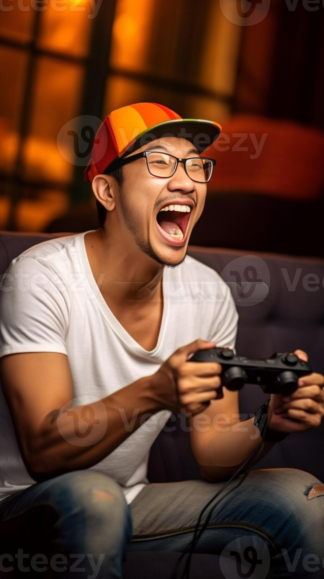 Excited man playing video games and gesturing while sitting on the ... Excited man playing video games and gesturing while sitting on the ...