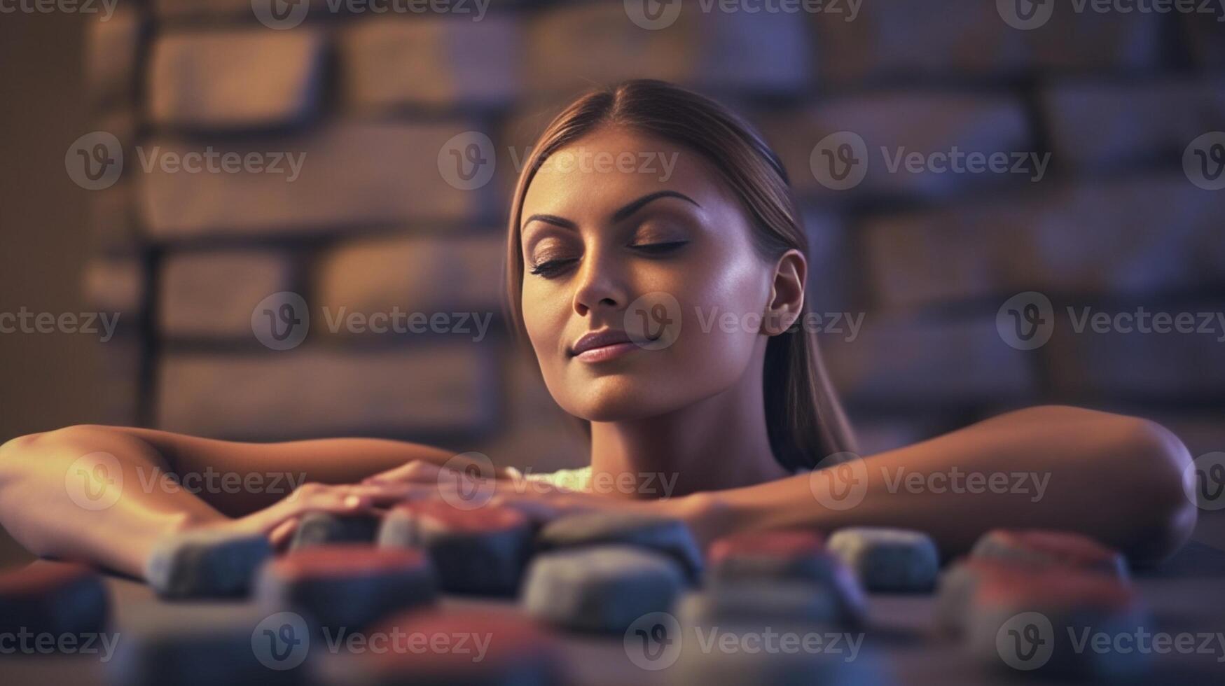 Hot Stone Massage Beautiful Young Woman Lying On Front While Massage