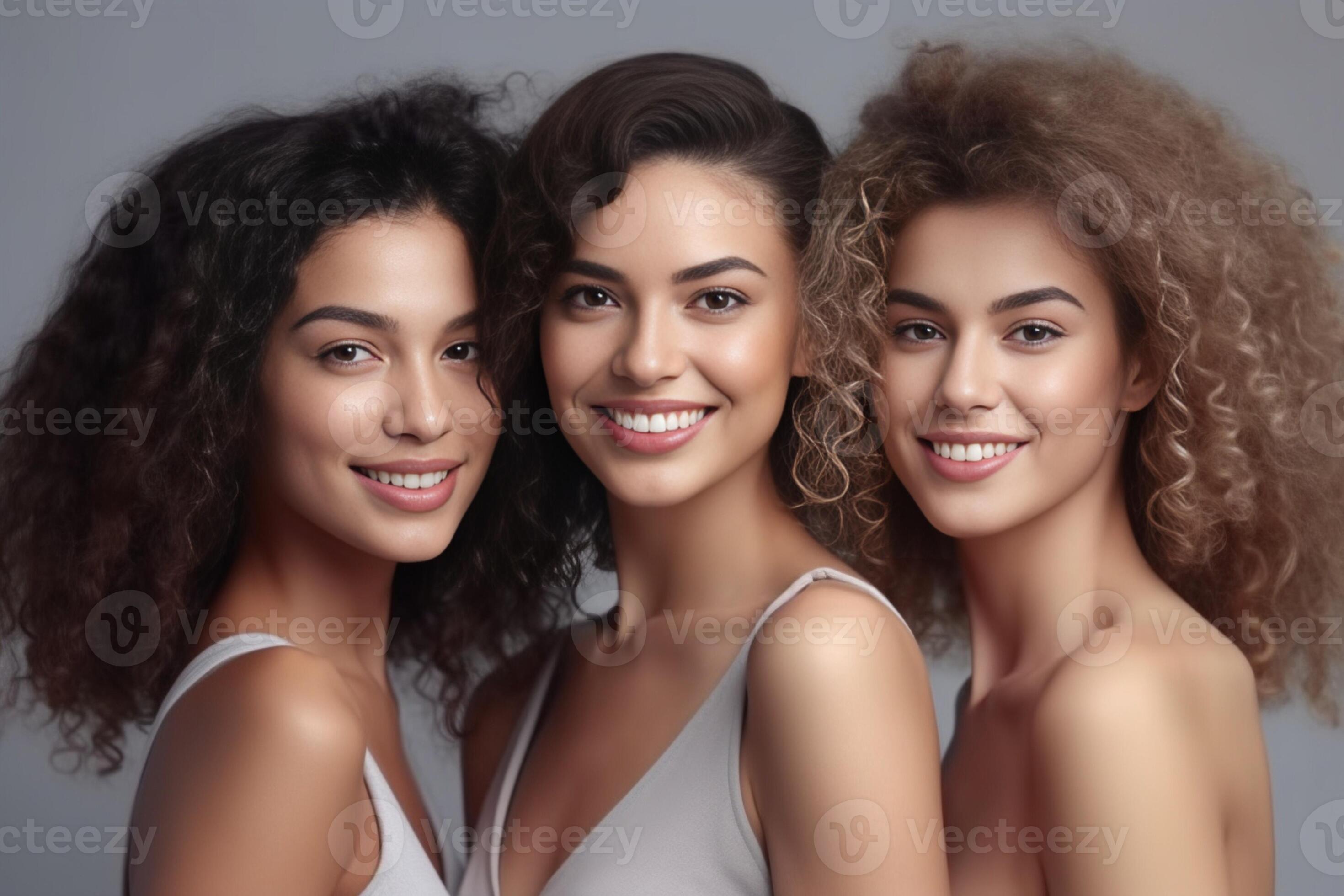 Real Beauty Three Attractive Mixed Race Women Looking At Camera While Standing Against Grey
