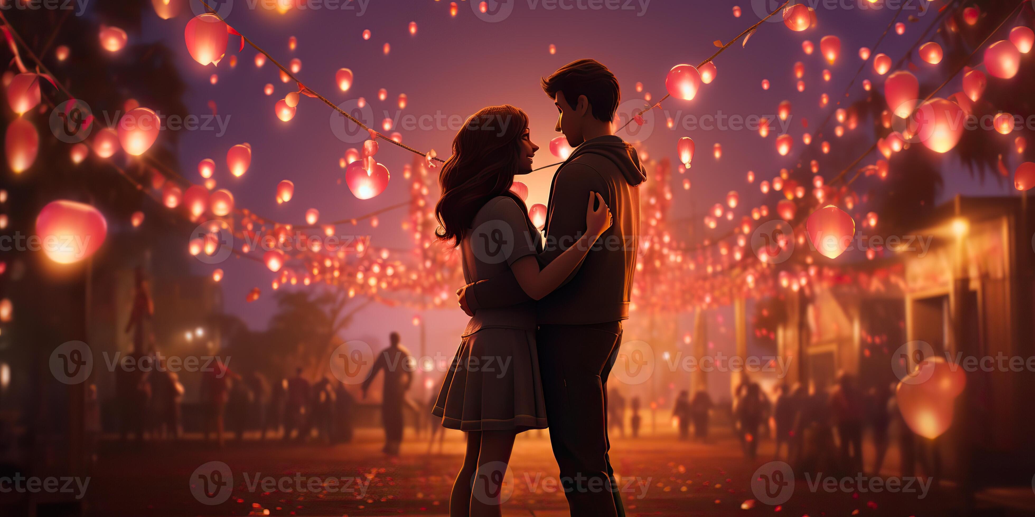 AI Generated. AI Generative. Couple hug each other at night with light glowing. Romantic love ...