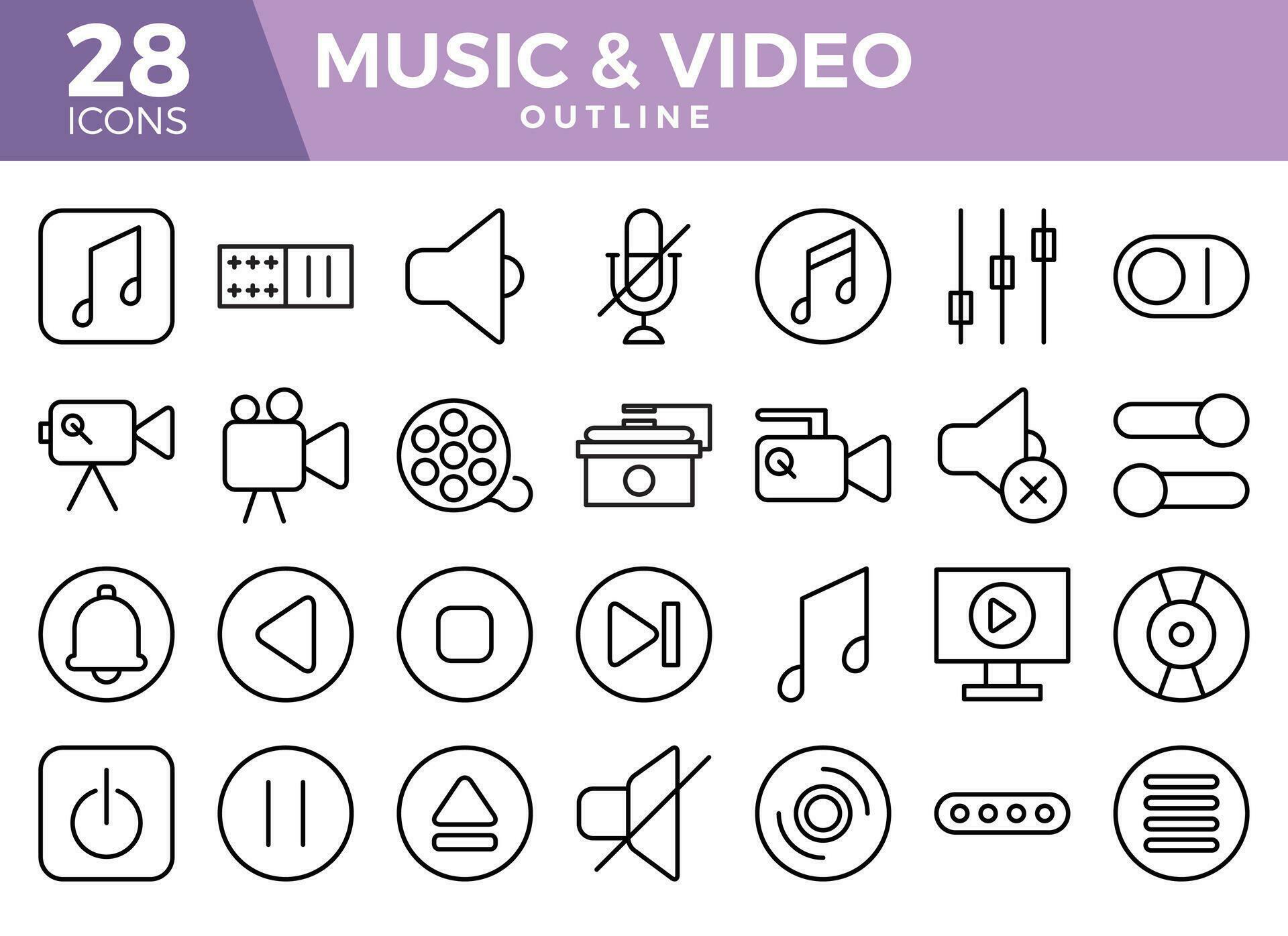 Music and video outline icons set. The collections include for web design ,app design, UI design ...