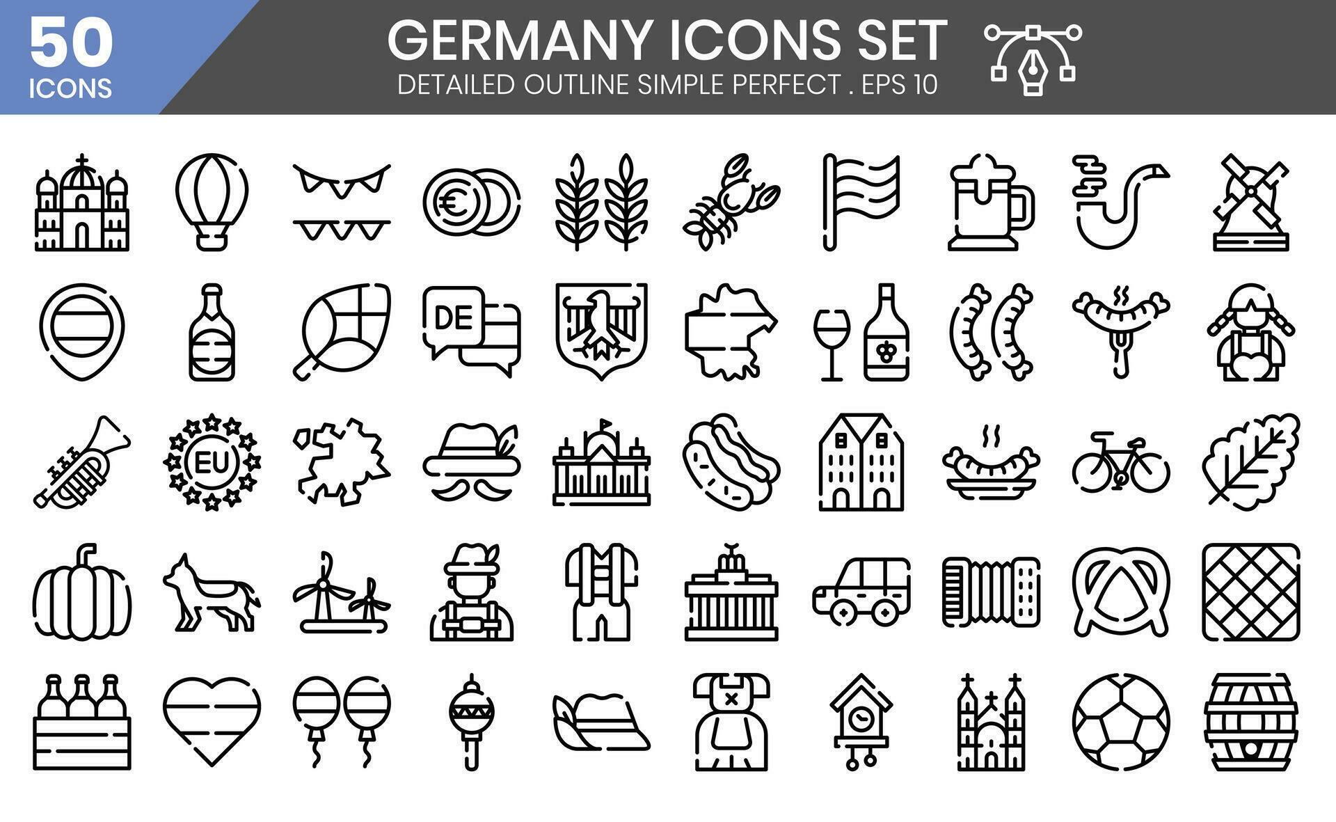 Germany detailed outline icons set. The element collections can be used in social media posts ...