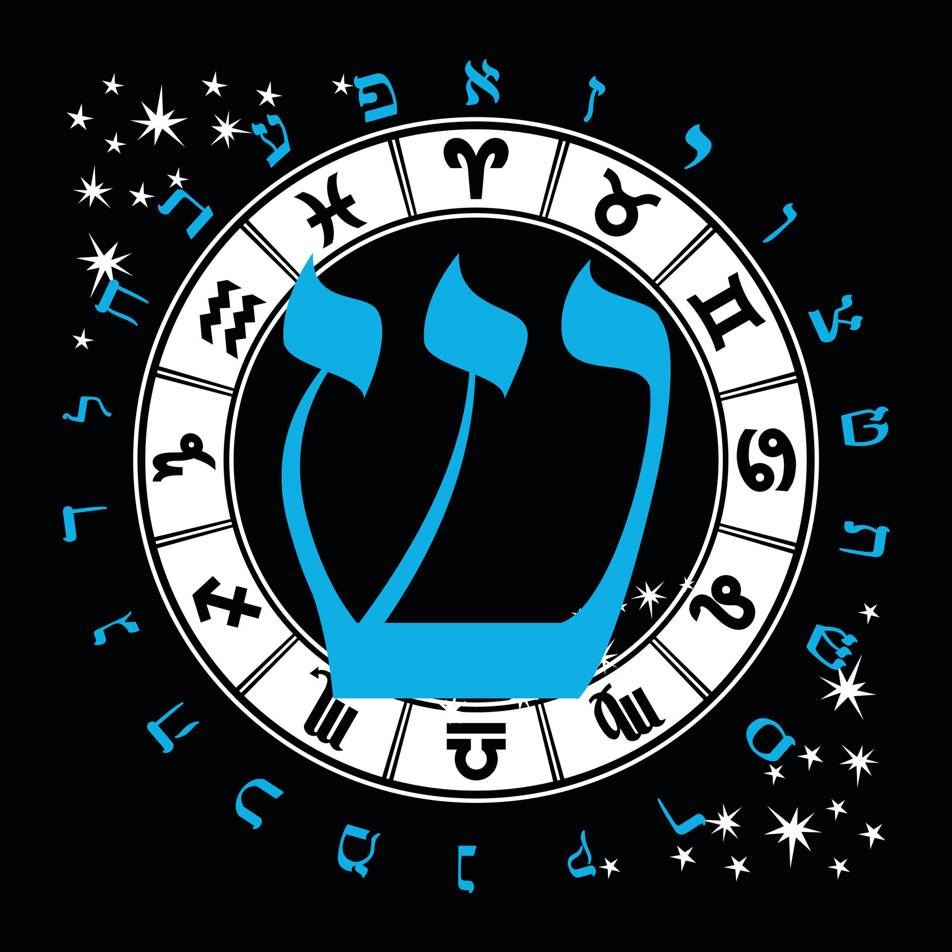 Vector illustration of the Hebrew alphabet and zodiac signs. Hebrew letter called Shin blue and ...
