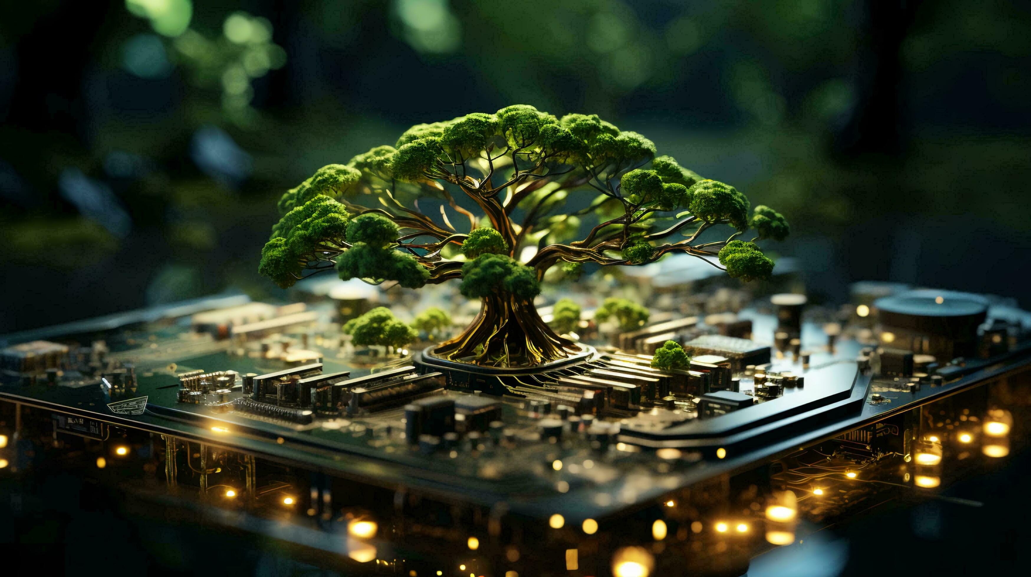 Green natural eco-friendly tree and computer technology on an abstract ...