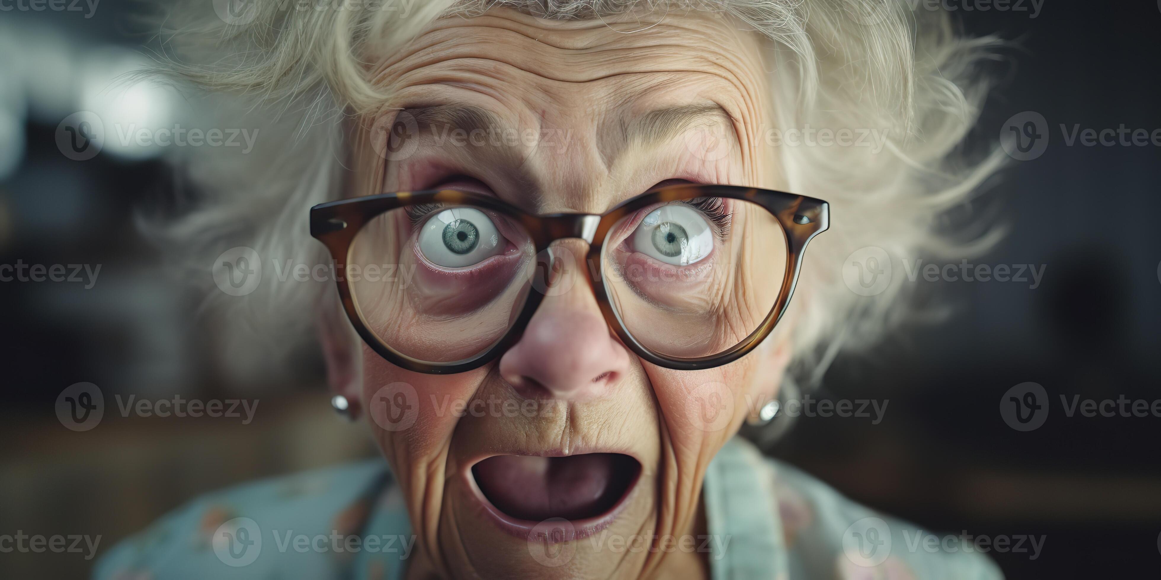 AI Generated. AI Generative. Old woman teacher in glasses looking at camera with crazy fun ...