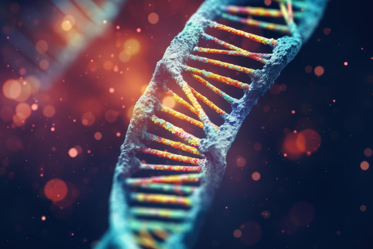 Digital illustration DNA structure in colour background with bokeh. 3D rendering, Decode the ...