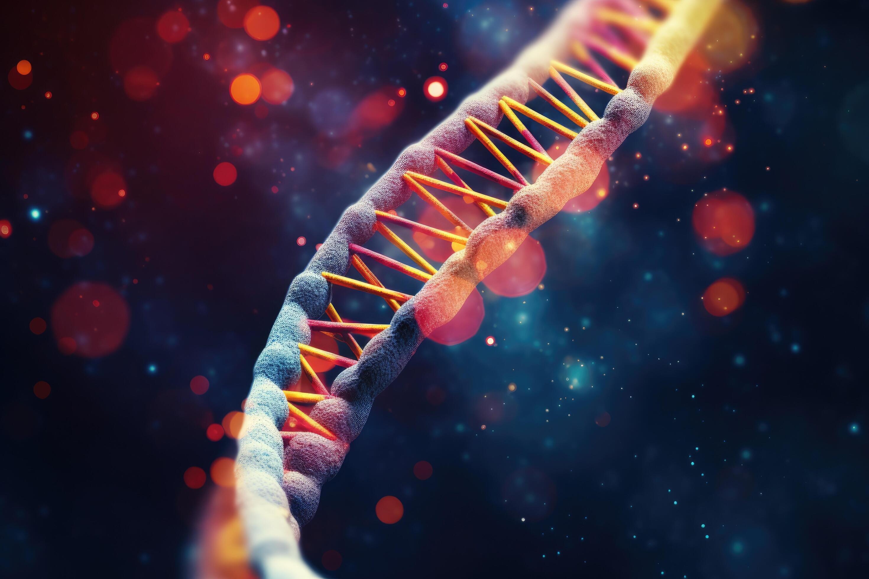 DNA strand on abstract background. 3d rendering toned image double exposure, Decode the genetic ...