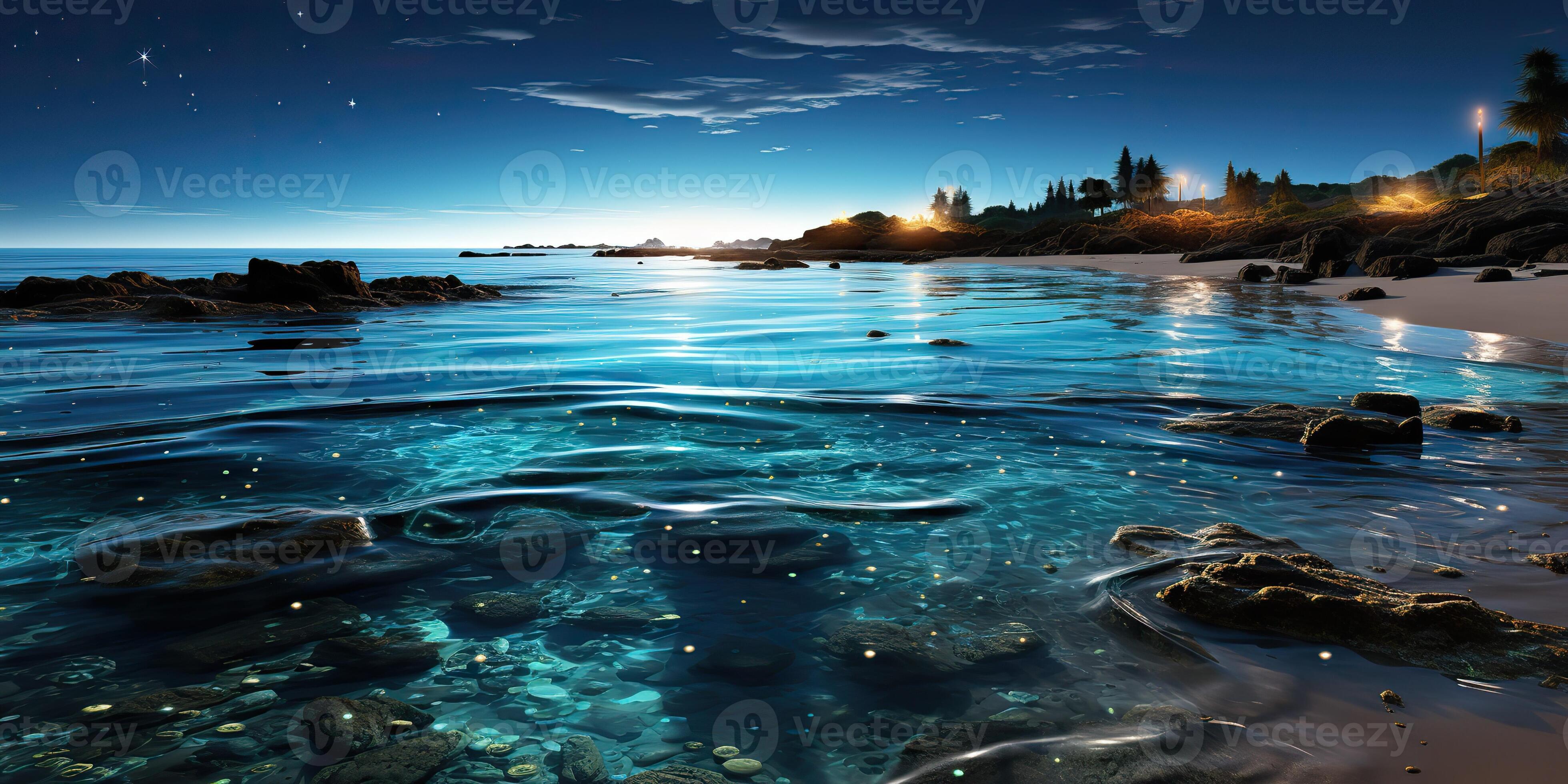 AI Generated. AI Generative. Night glowing light shine plankton sea ocean background. Marine ...