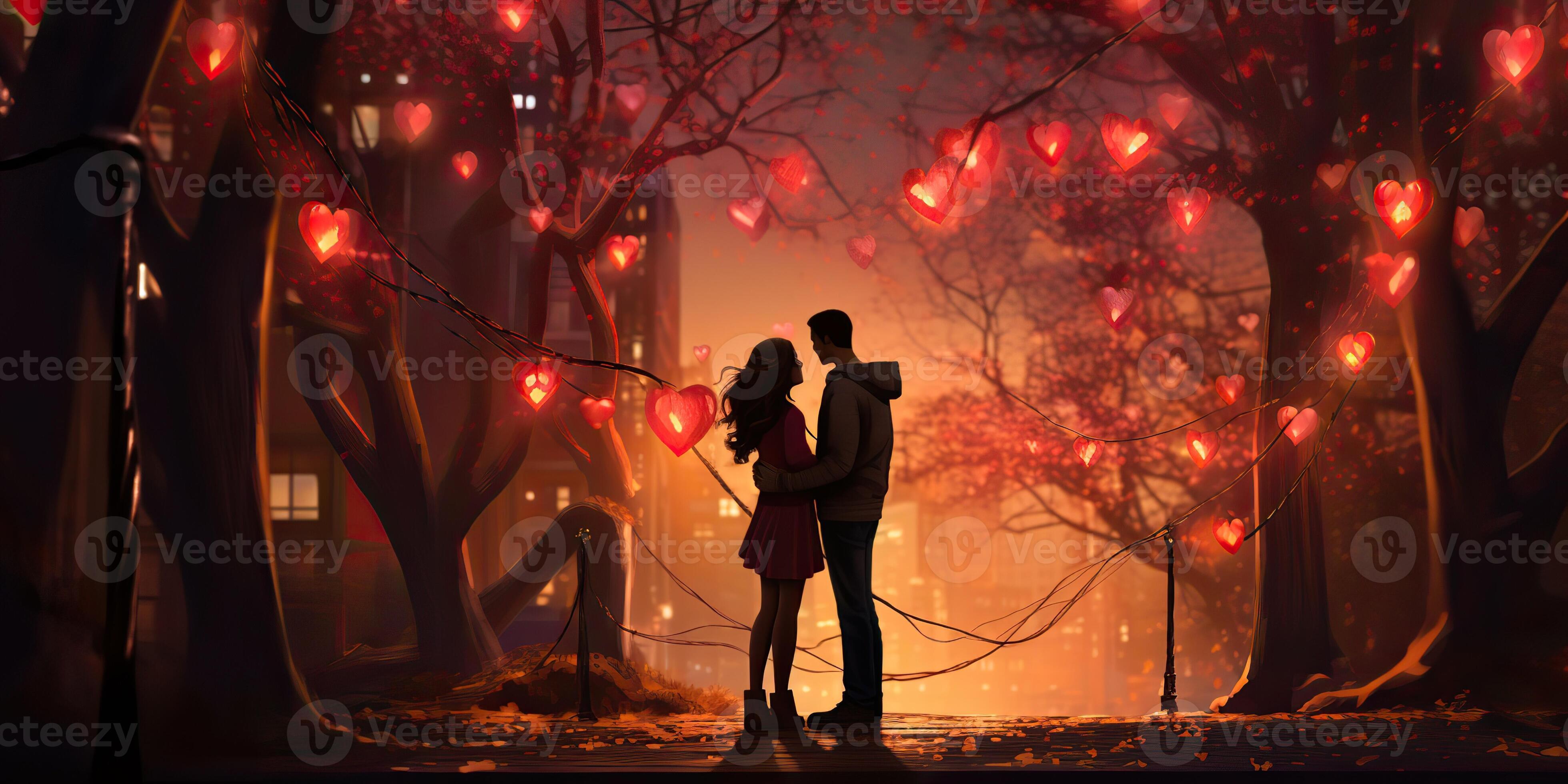 AI Generated. AI Generative. Couple hug each other at night with light glowing. Romantic love ...