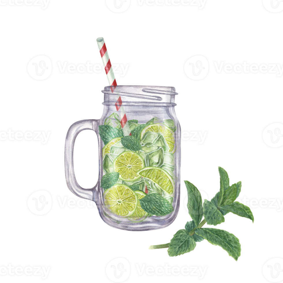 Refreshing beverage with mint leaves, ice cubes, lime slices, drinking Straw in glass jar ...