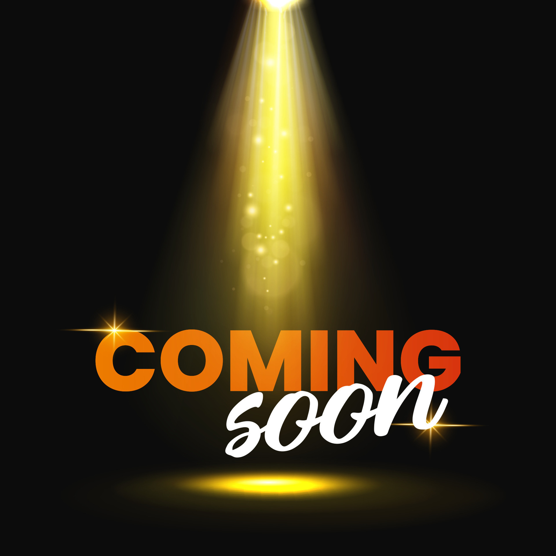 The coming soon message is illuminated with a golden light projector ... The coming soon message is illuminated with a golden light projector ...