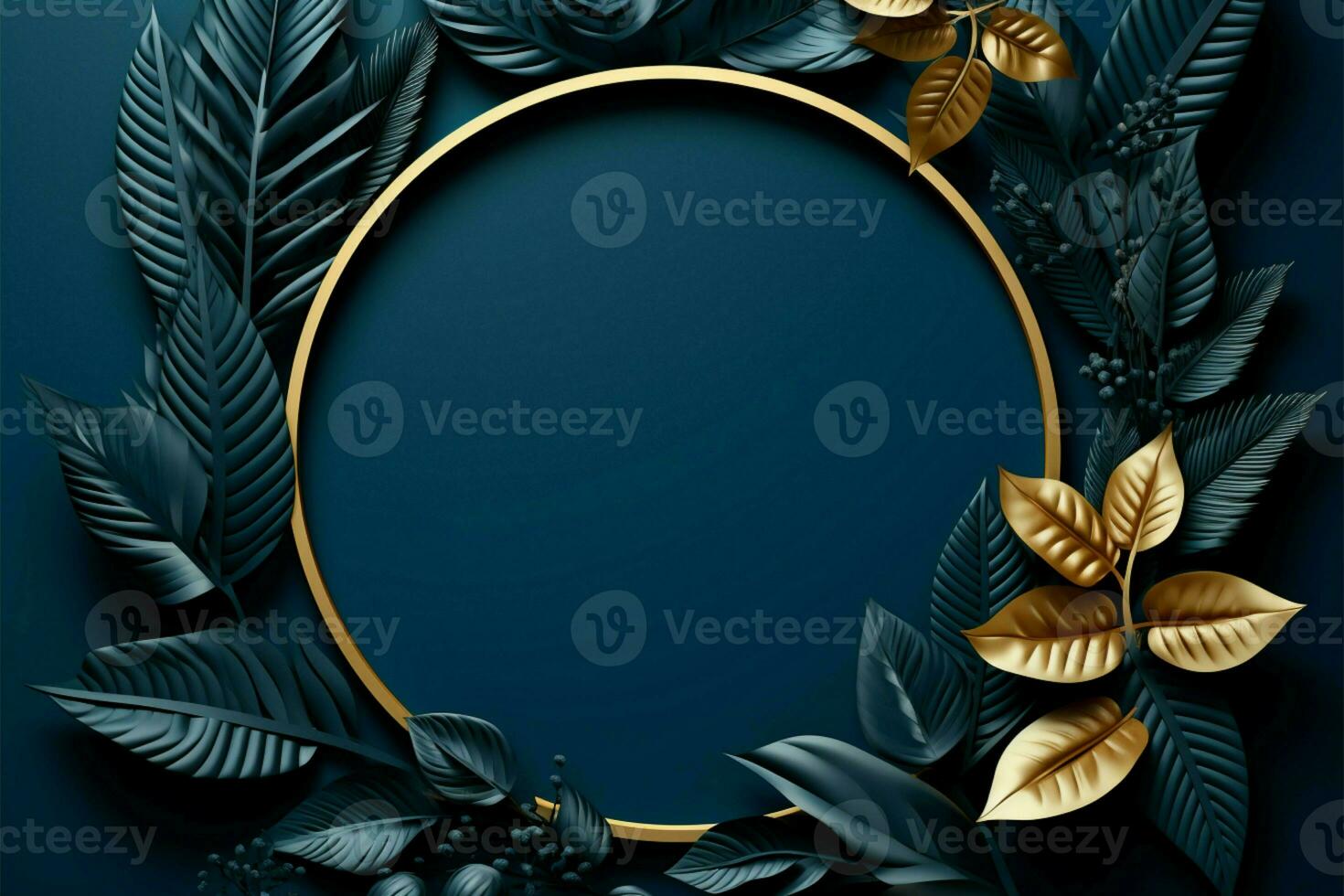 Elegant blue background featuring golden bordered circle leaves AI ... Elegant blue background featuring golden bordered circle leaves AI ...