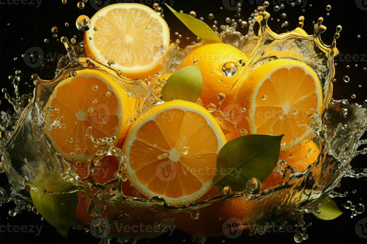 Citrus explosion suspended, fresh lemon and splash create a captivating advertising scene AI ...