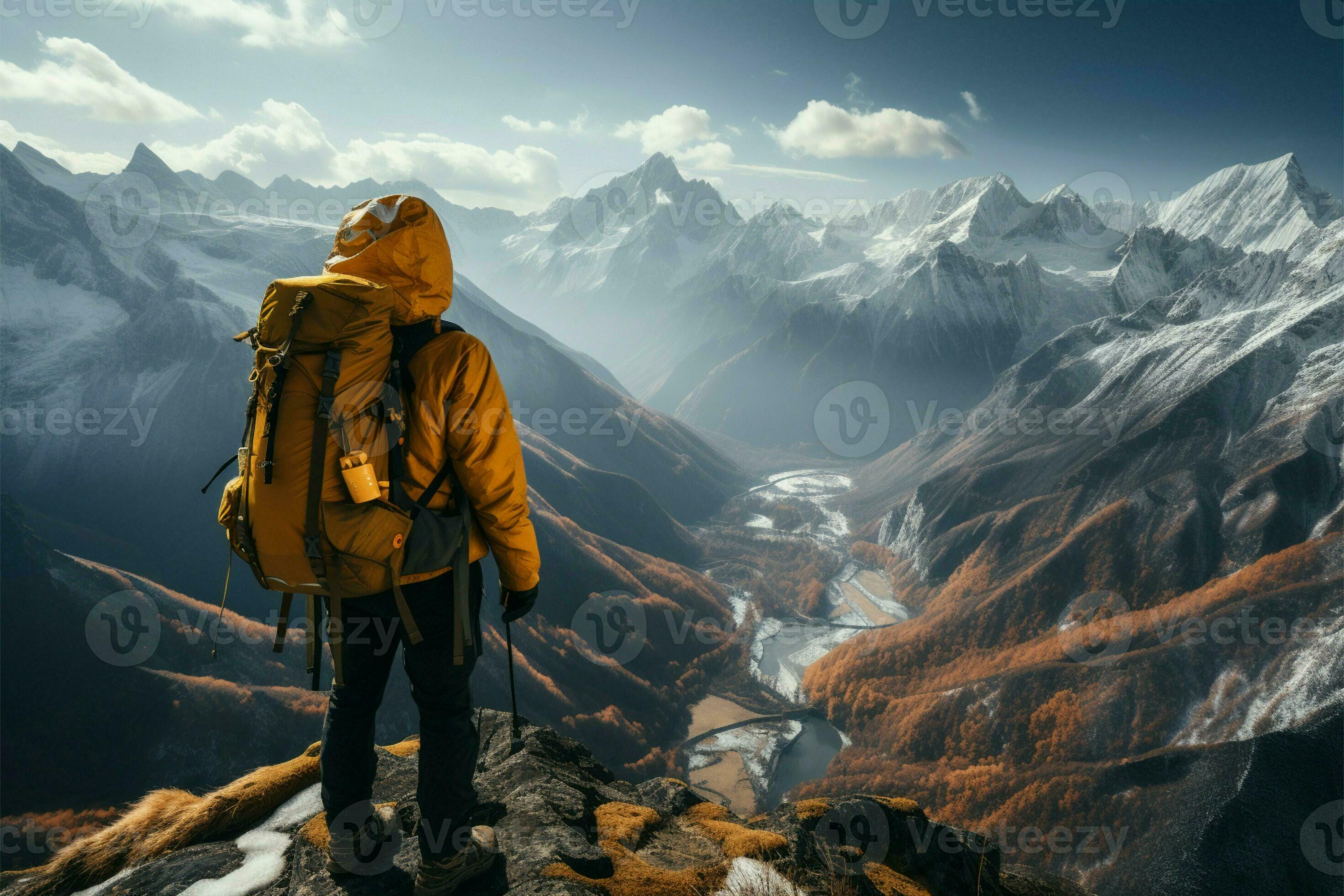 Yellow backpacked adventurer immerses in breathtaking mountain panoramas AI Generated 29502493 ...