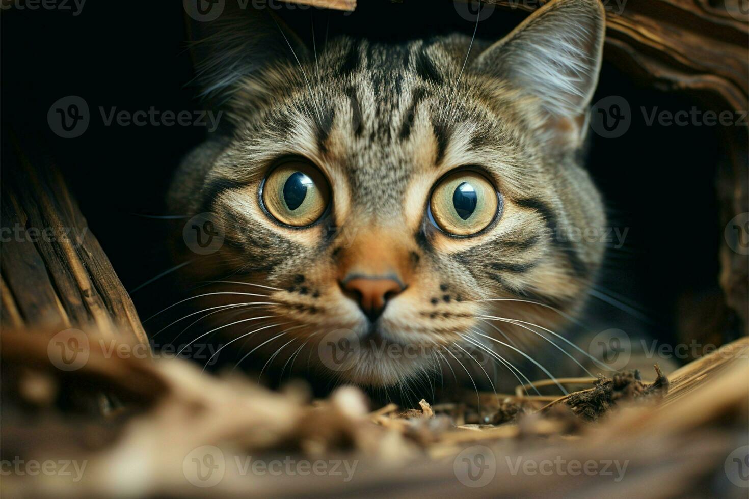 Woman uncovers fearful cat in cupboard wide eyes tell of its startled discovery AI Generated ...