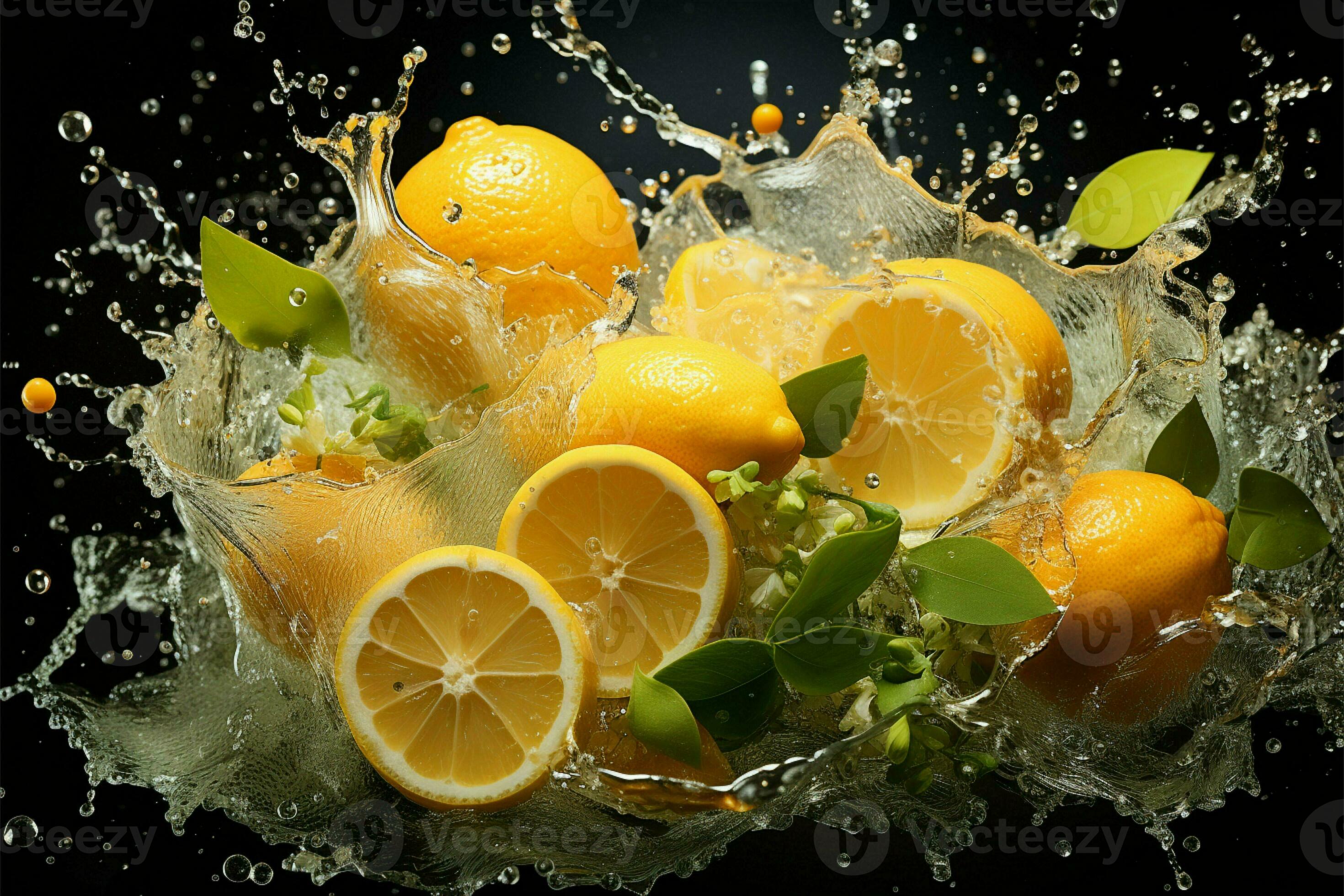 Citrus explosion suspended, fresh lemon and splash create a captivating advertising scene AI ...