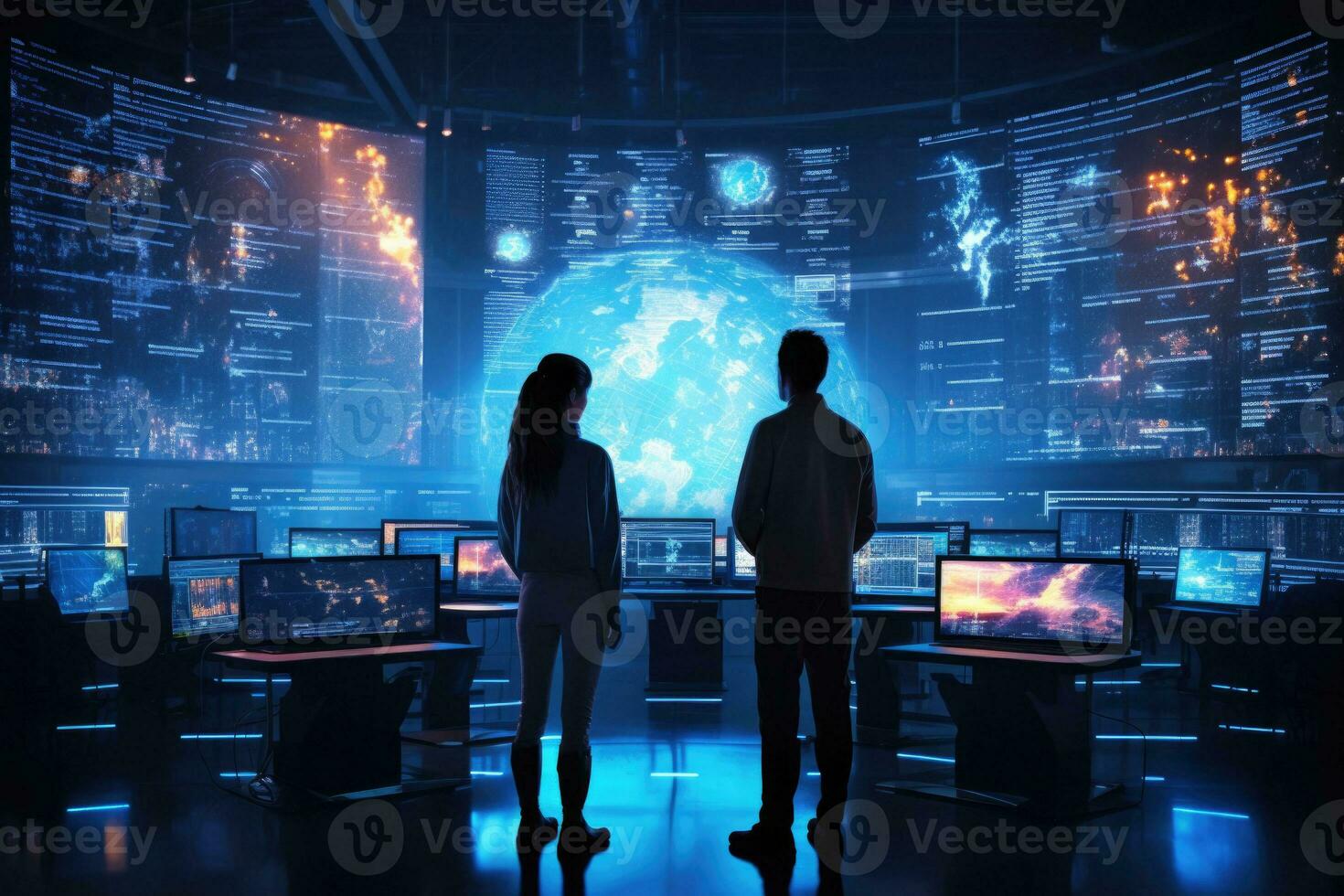 Two persons standing in front of glowing monitors. Data charts and ...