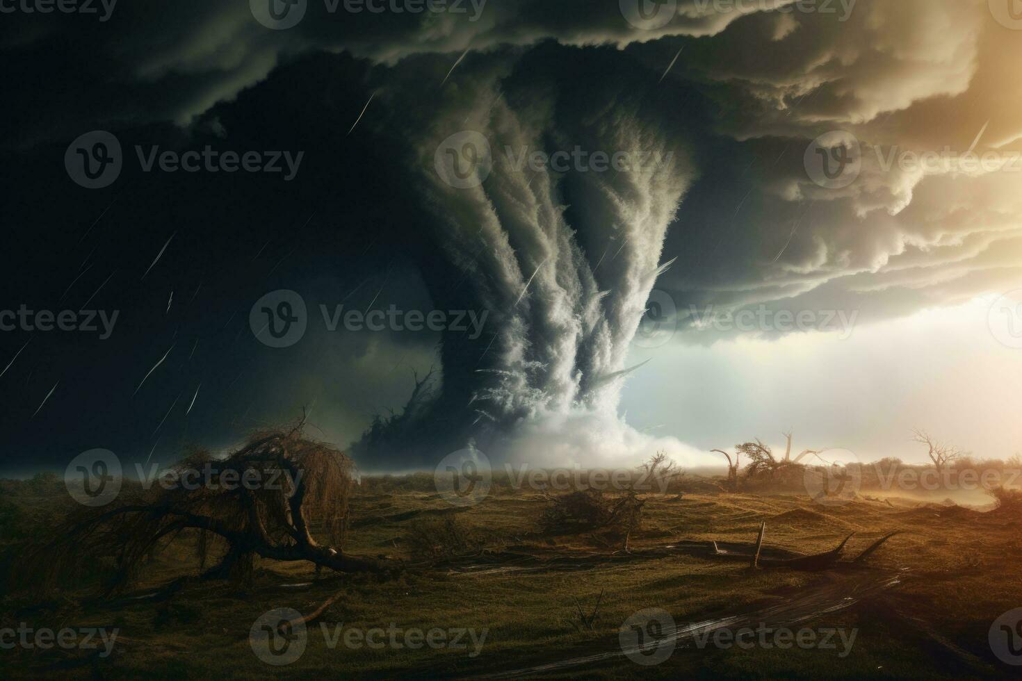 A powerful tornado forming destruction over a populated landscape. A swirling vortex of wind and ...
