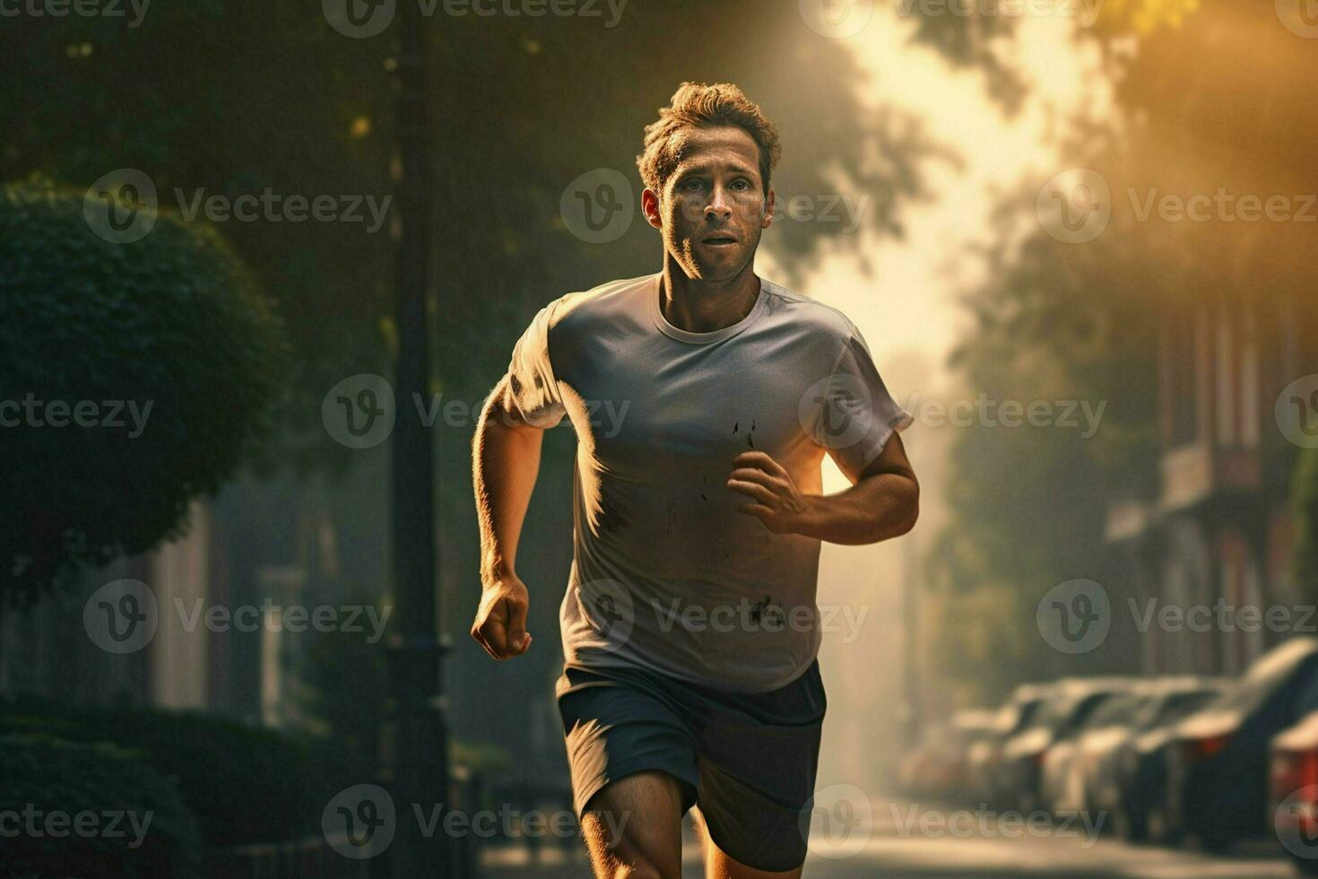 Running man jogging on city street at sunrise. Sport fitness model caucasian ethnicity training ...