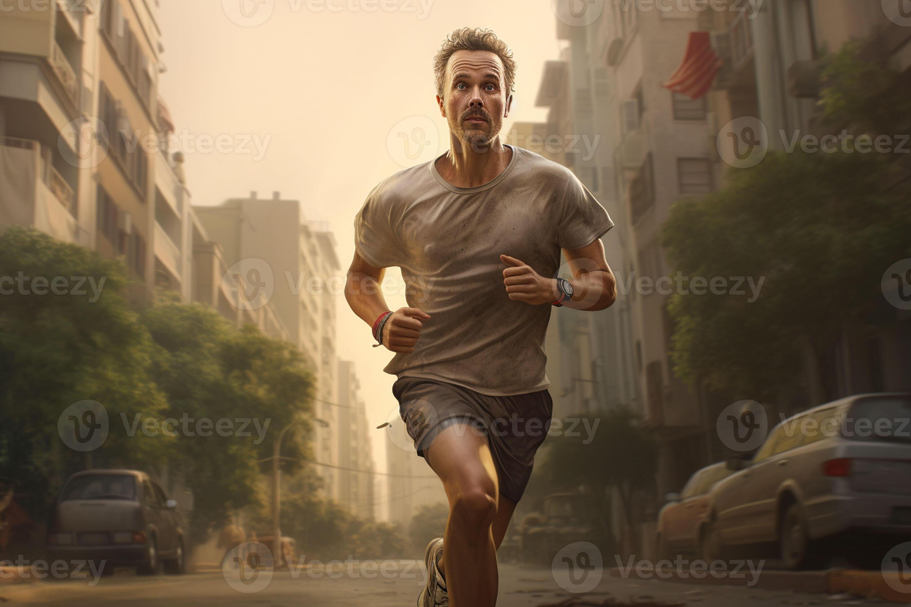 Running man jogging on city street at sunrise. Sport fitness model caucasian ethnicity training ...