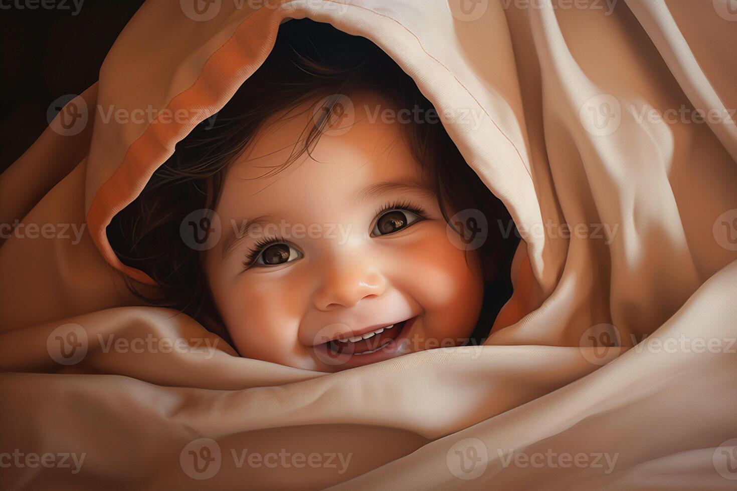 Cute little baby under blanket at home. Happy childhood concept. Ai ...