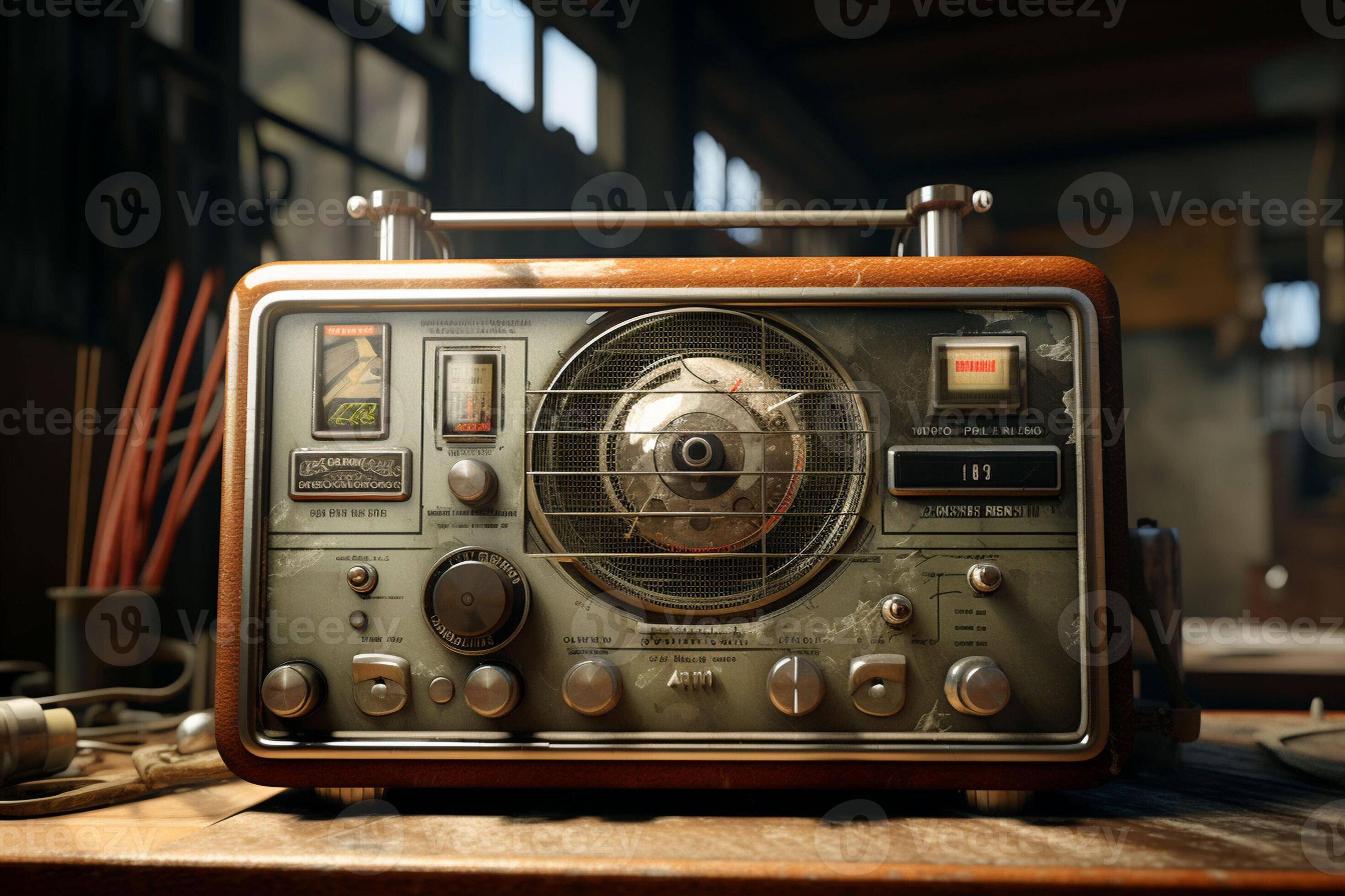 Vintage radio on a wooden table in the interior of the room, vintage style. Retro radio. ai ...
