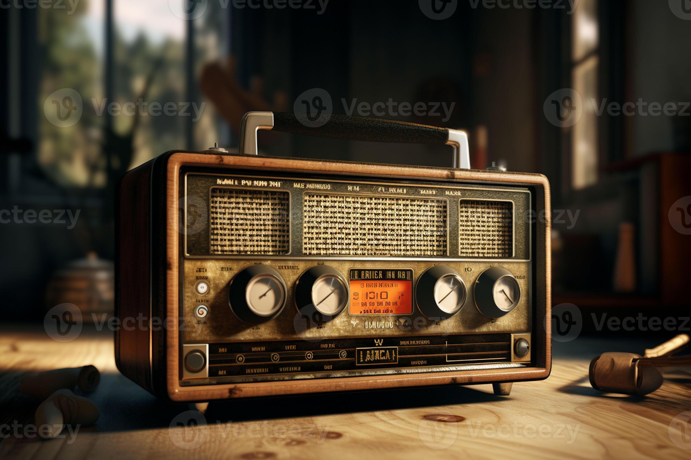 Vintage radio on a wooden table in the interior of the room, vintage style. Retro radio. ai ...