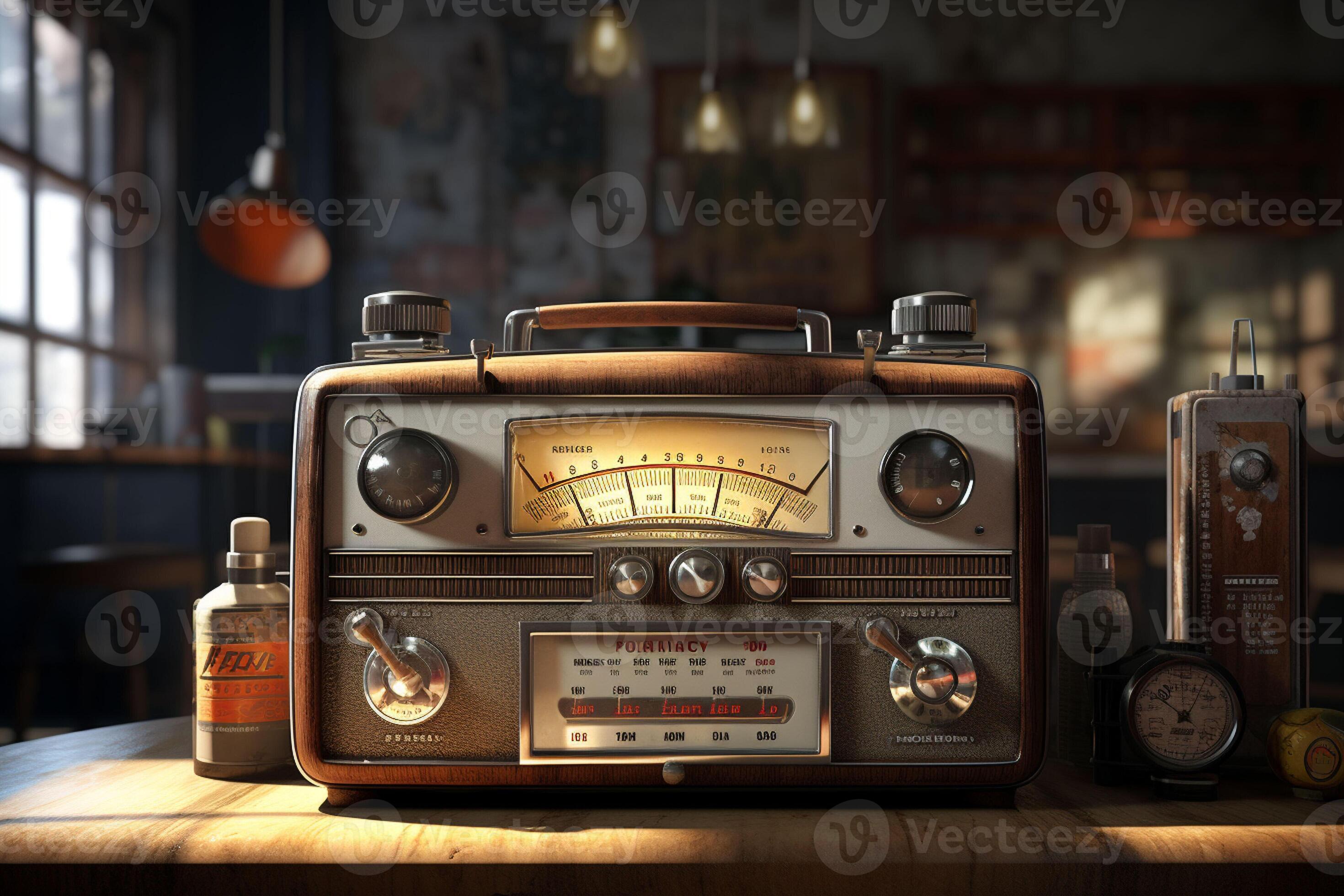 Vintage radio on a wooden table in the interior of the room, vintage style. Retro radio. ai ...