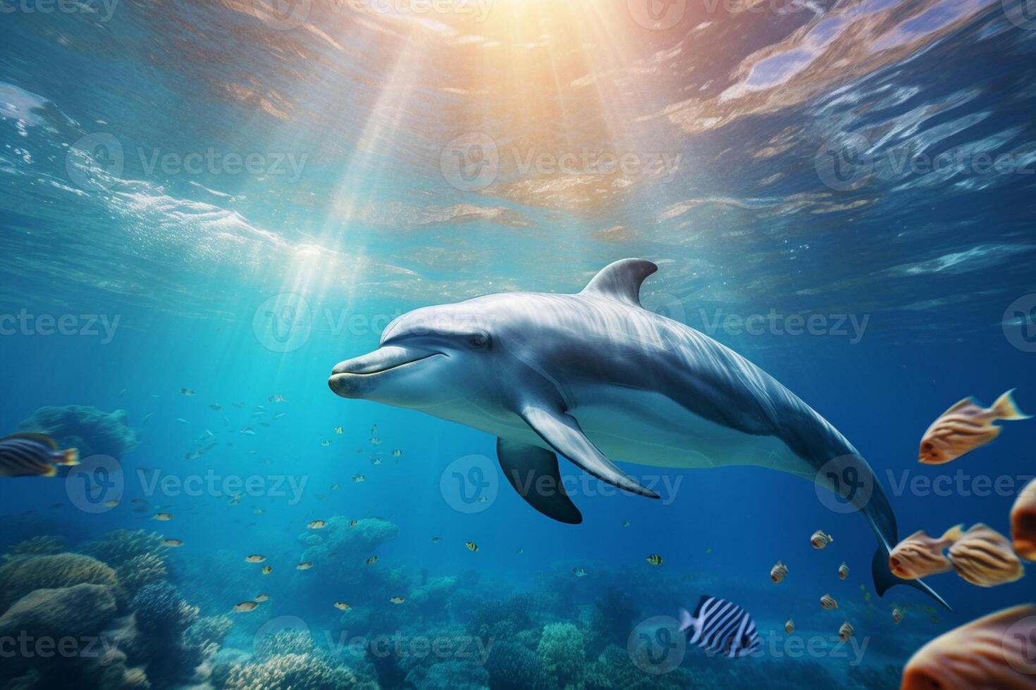 Dolphin swimming in the ocean. 3d rendering. Underwater world. ai ...