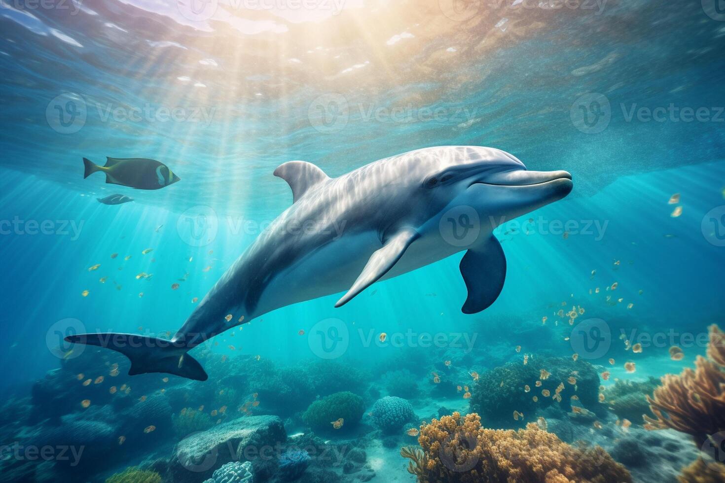 Dolphin swimming in the ocean. 3d rendering. Underwater world. ai ...