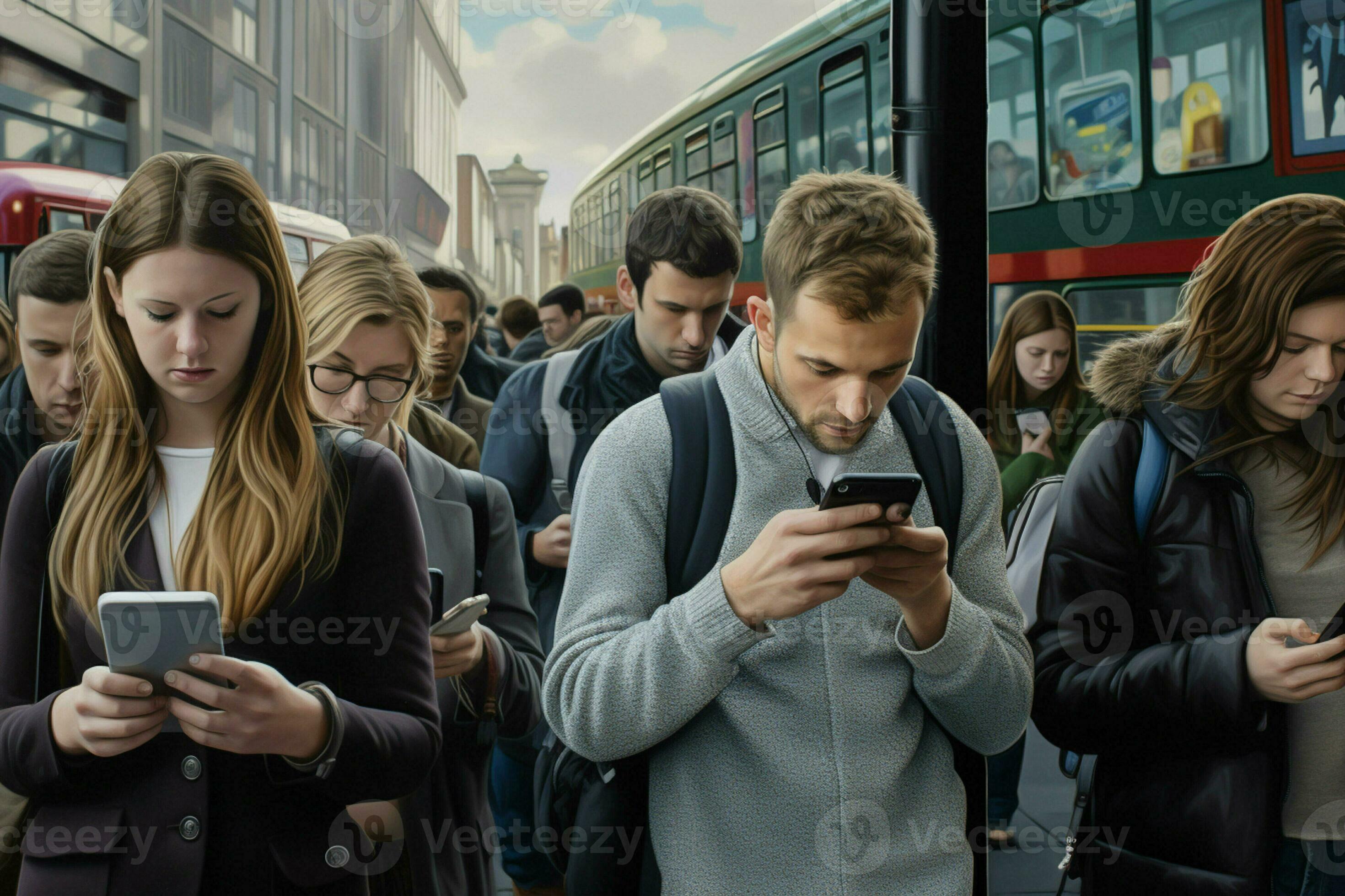 Group of young people using their smartphones in the street. Urban scene. ai generated pro photo ...