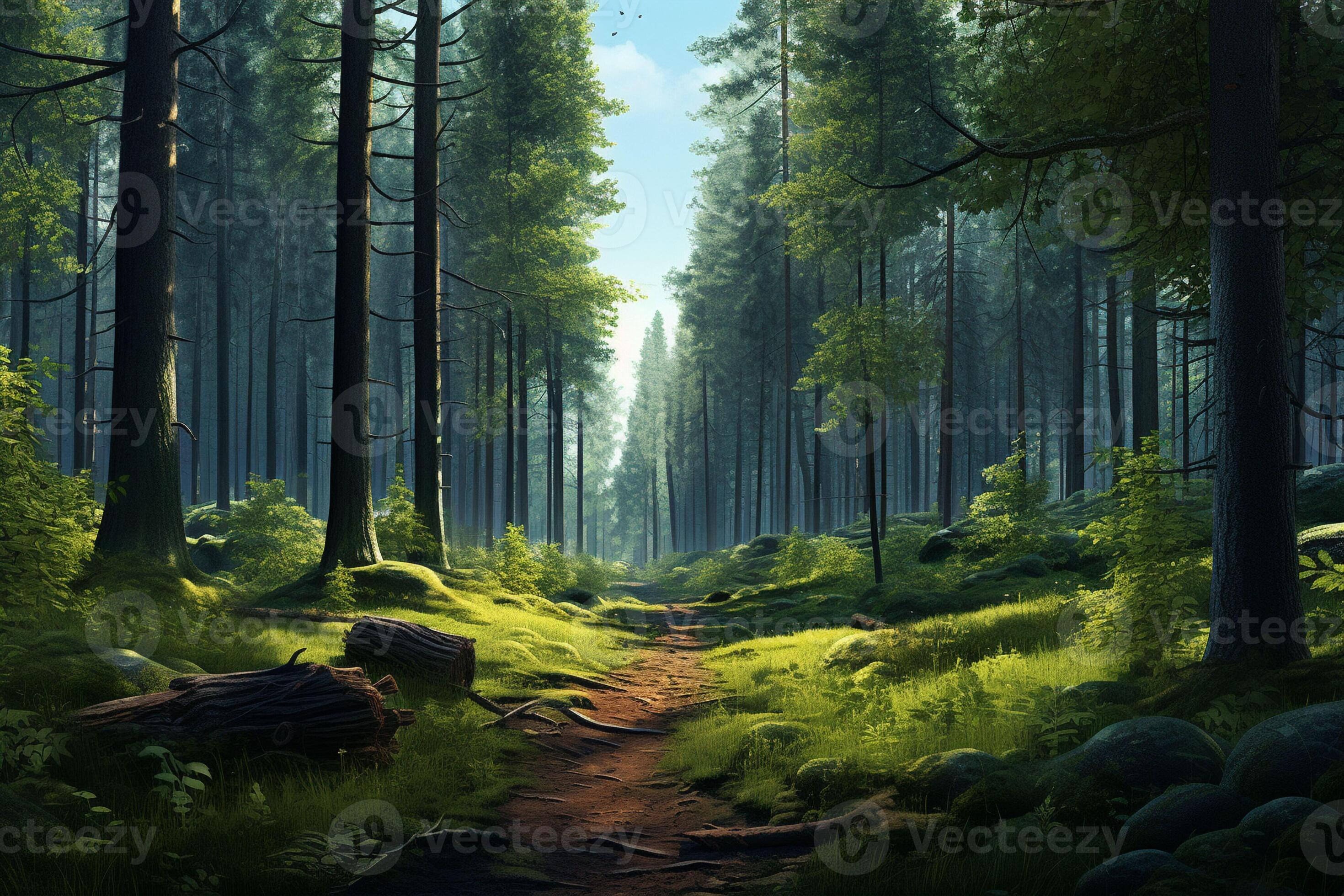 Fantasy forest with old trees and stairs. Fresh green forest with rocks ...