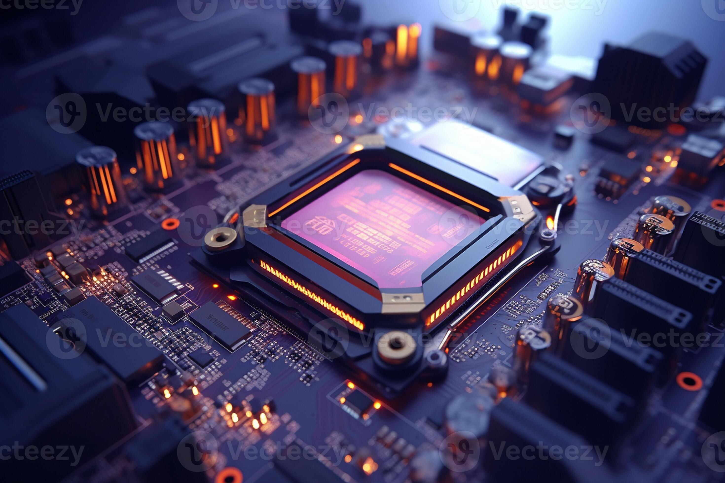 A microchip on a circuit board. Close-up of a microprocessor on a ...