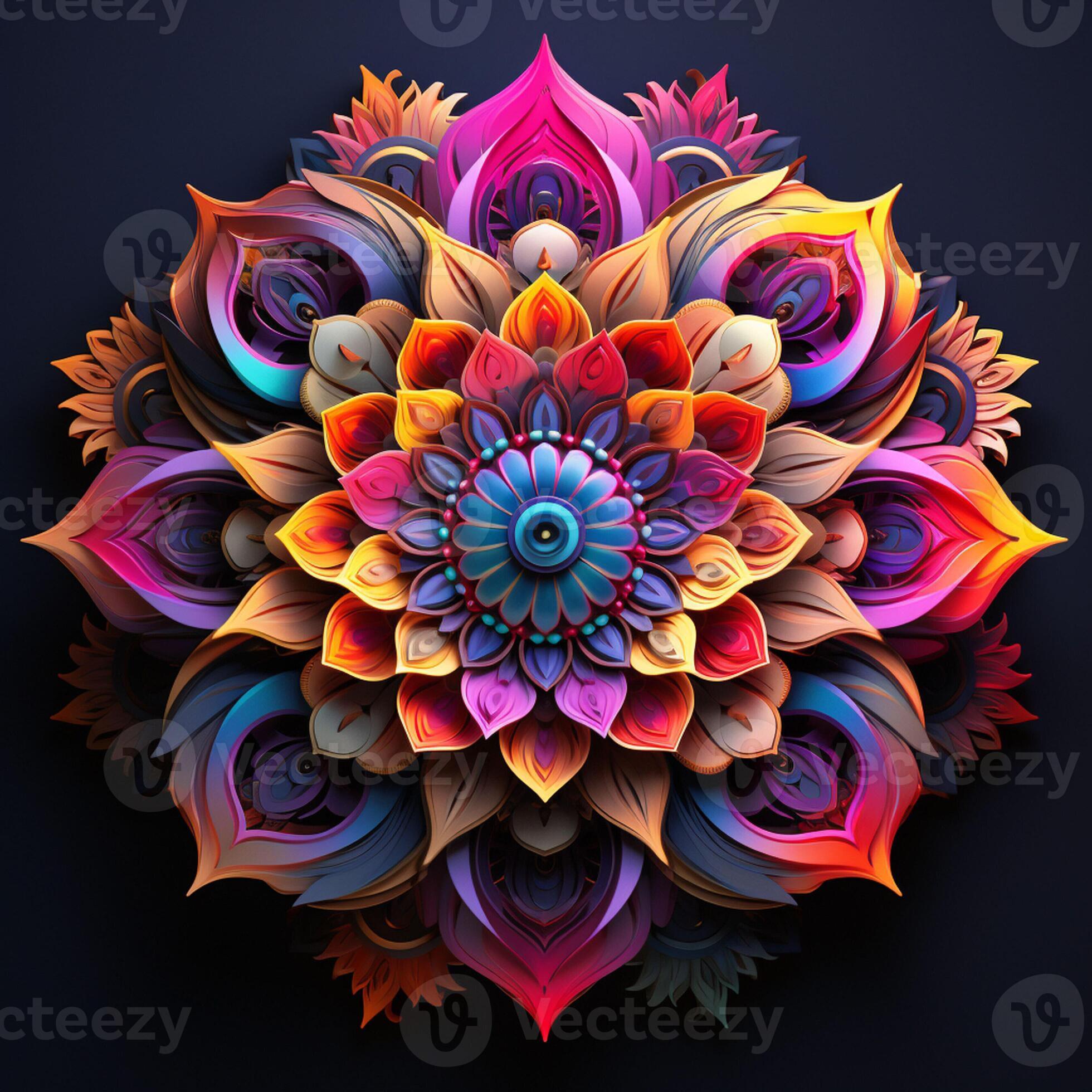 Beautiful mandala flower, Colorful fractal mandala on black background ...