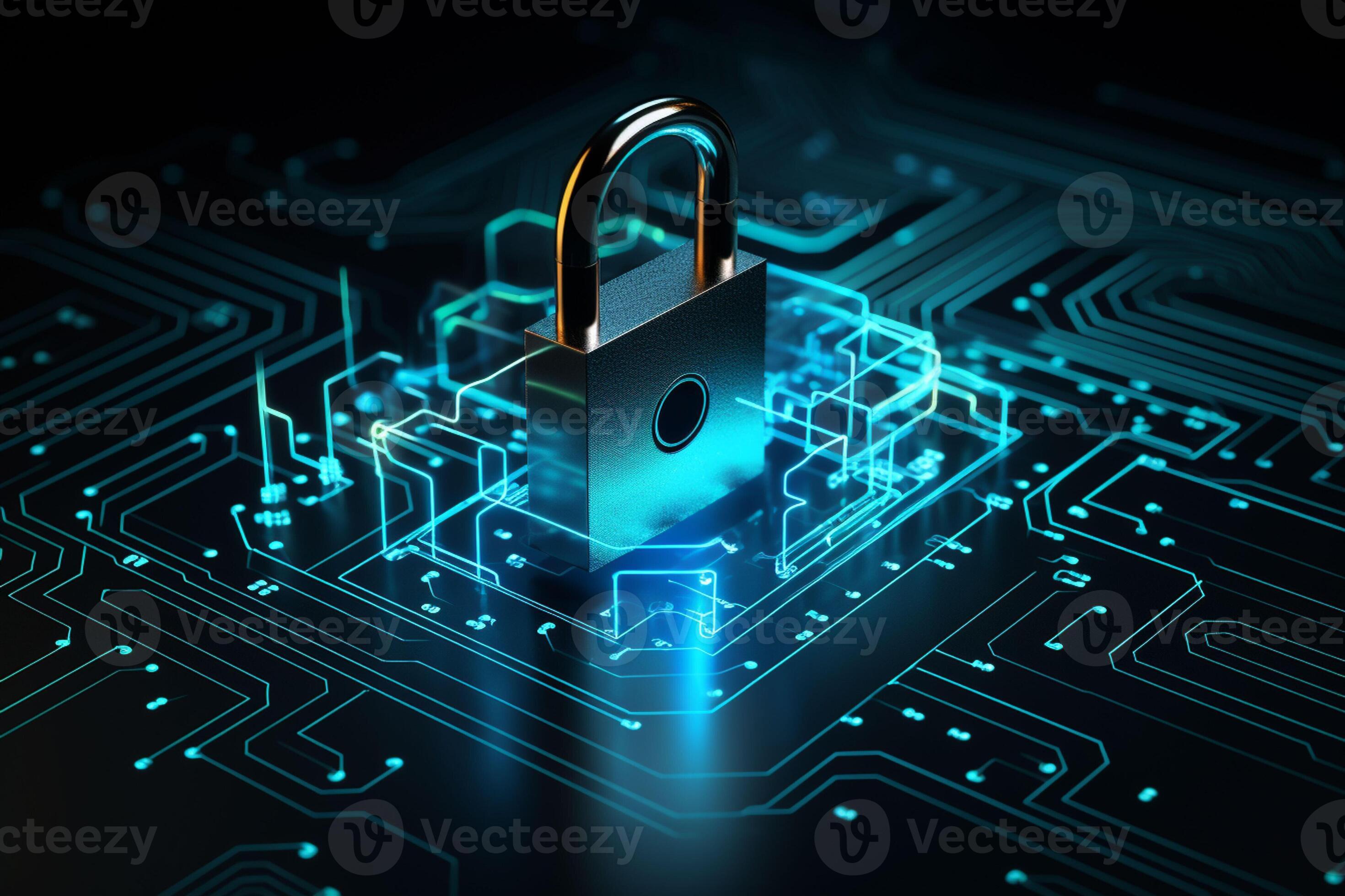 Lock on circuit board background. Cyber security concept. 3D Rendering. ai generated pro photo ...