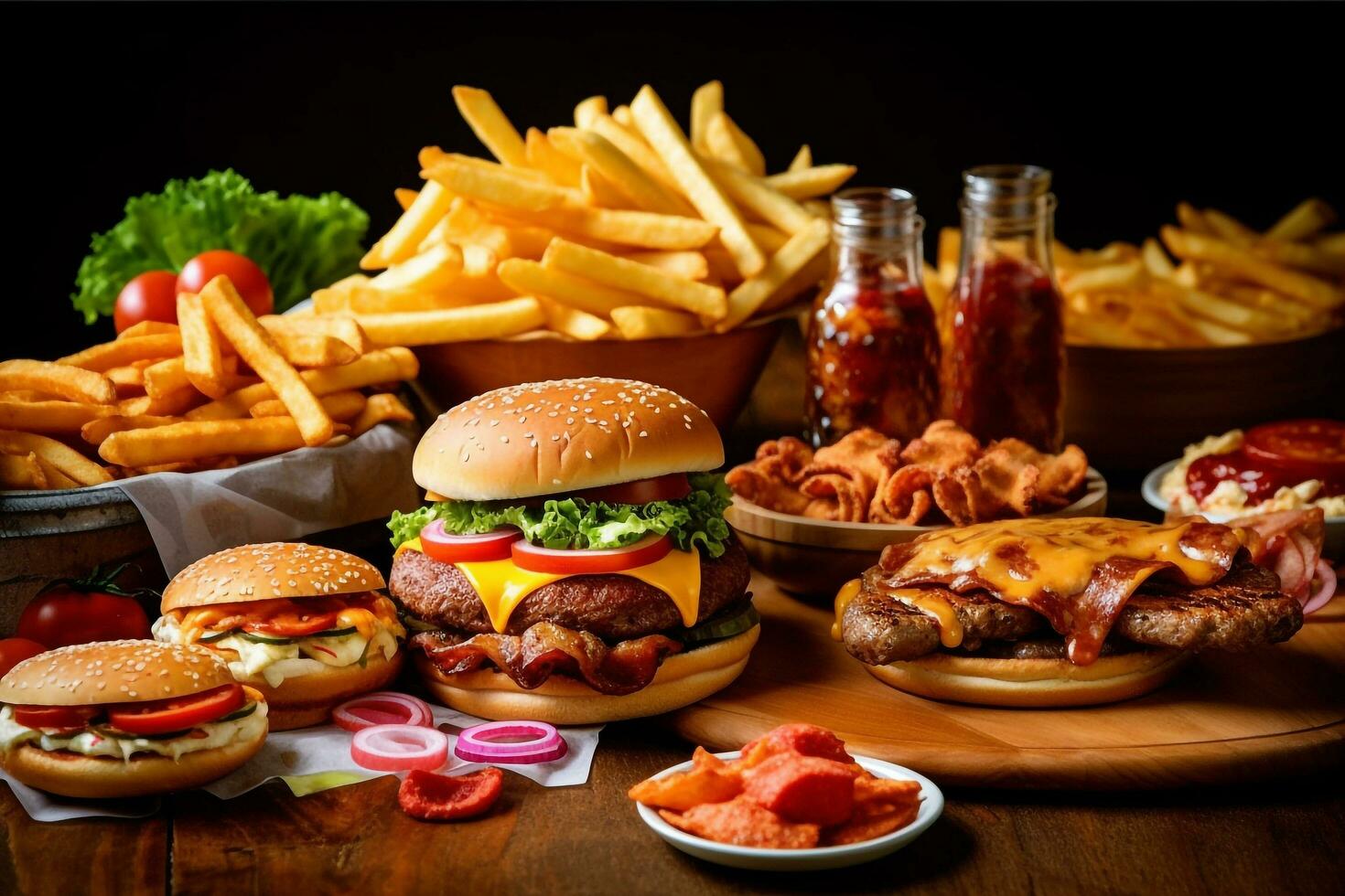 Fast food on the table.Generative Ai. 29555232 Stock Photo at Vecteezy