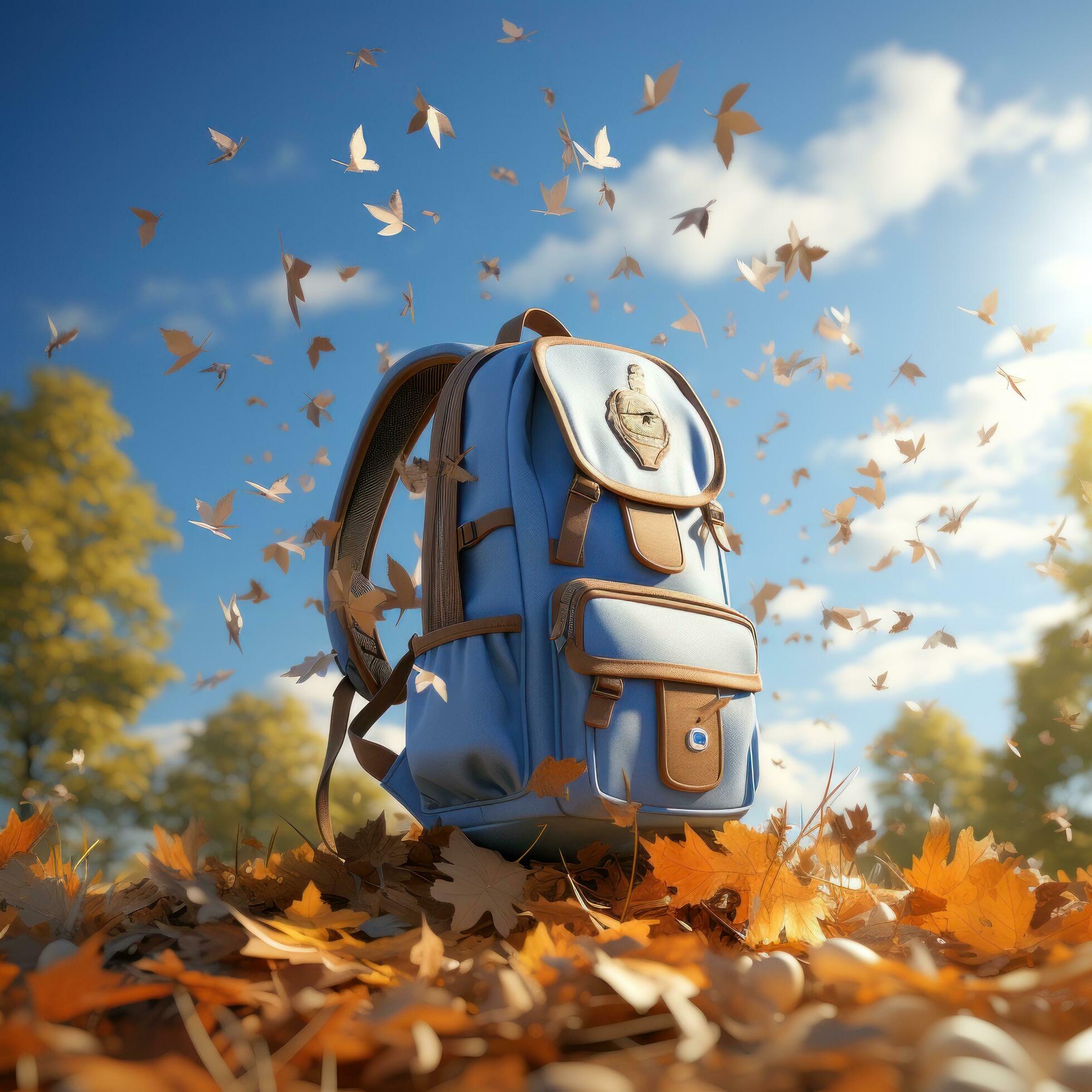Books with backpack over the sky and some falling leaves 29560373 Stock Photo at Vecteezy