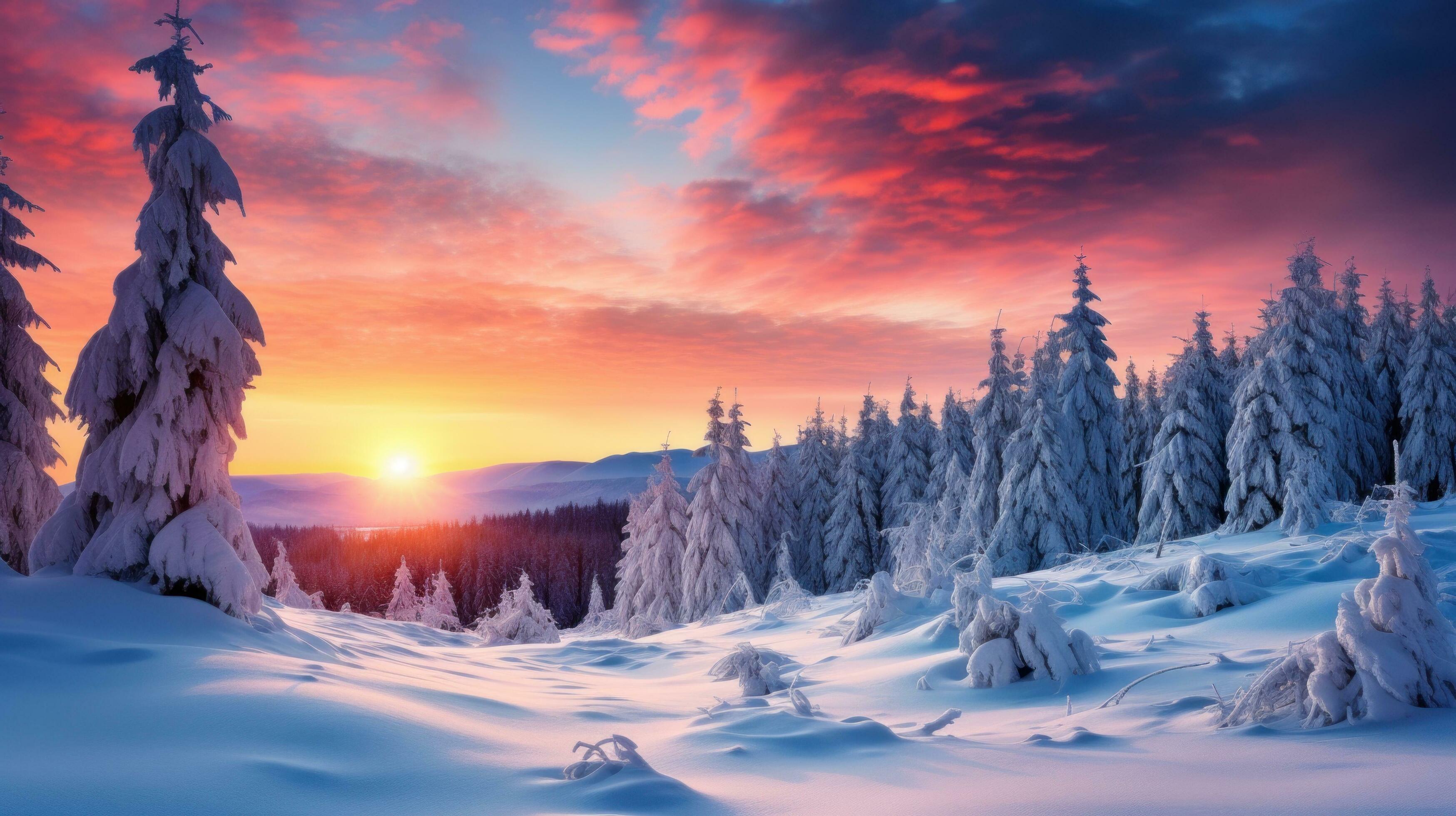 Winter landscape with snow-covered trees and a beautiful sunset in the ...