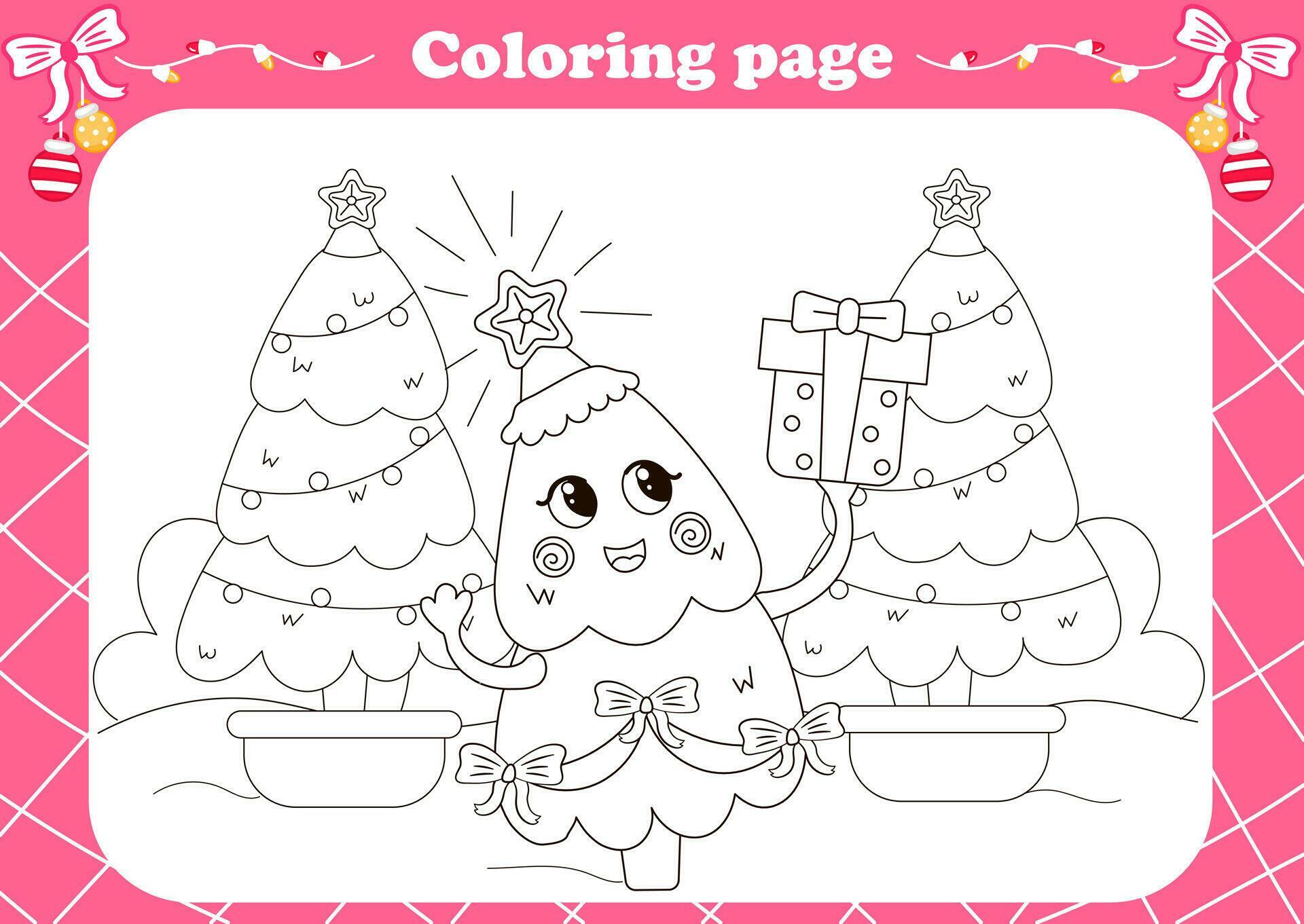 Cute coloring page with kawaii Christmas tree holding large gift box ...