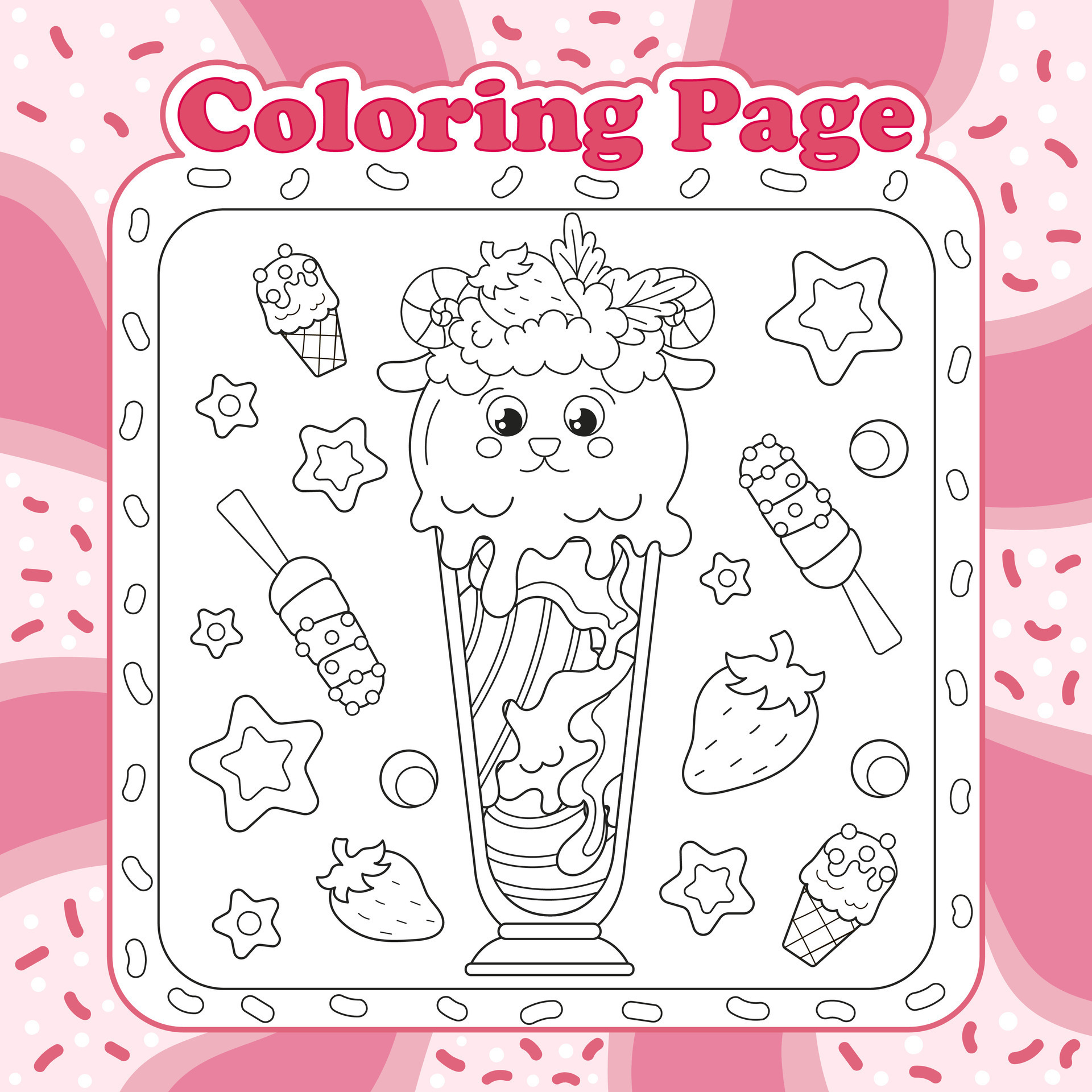 Summer sweets themed coloring page for kids with kawaii animal ...