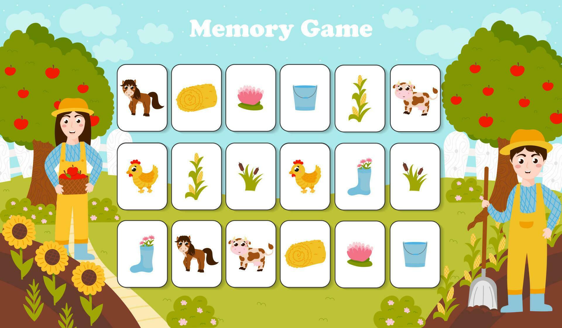 Memory game for kids with farming themed cards in cartoon style with ...