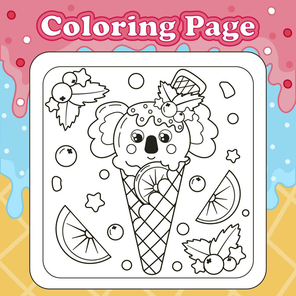 Summer sweets themed coloring page for kids with kawaii animal ...