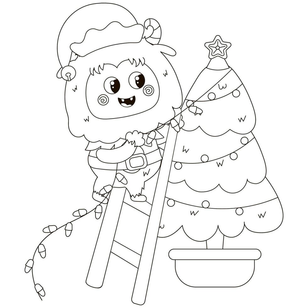 Cute coloring page with kawaii Christmas character Yeti in elf costume ...