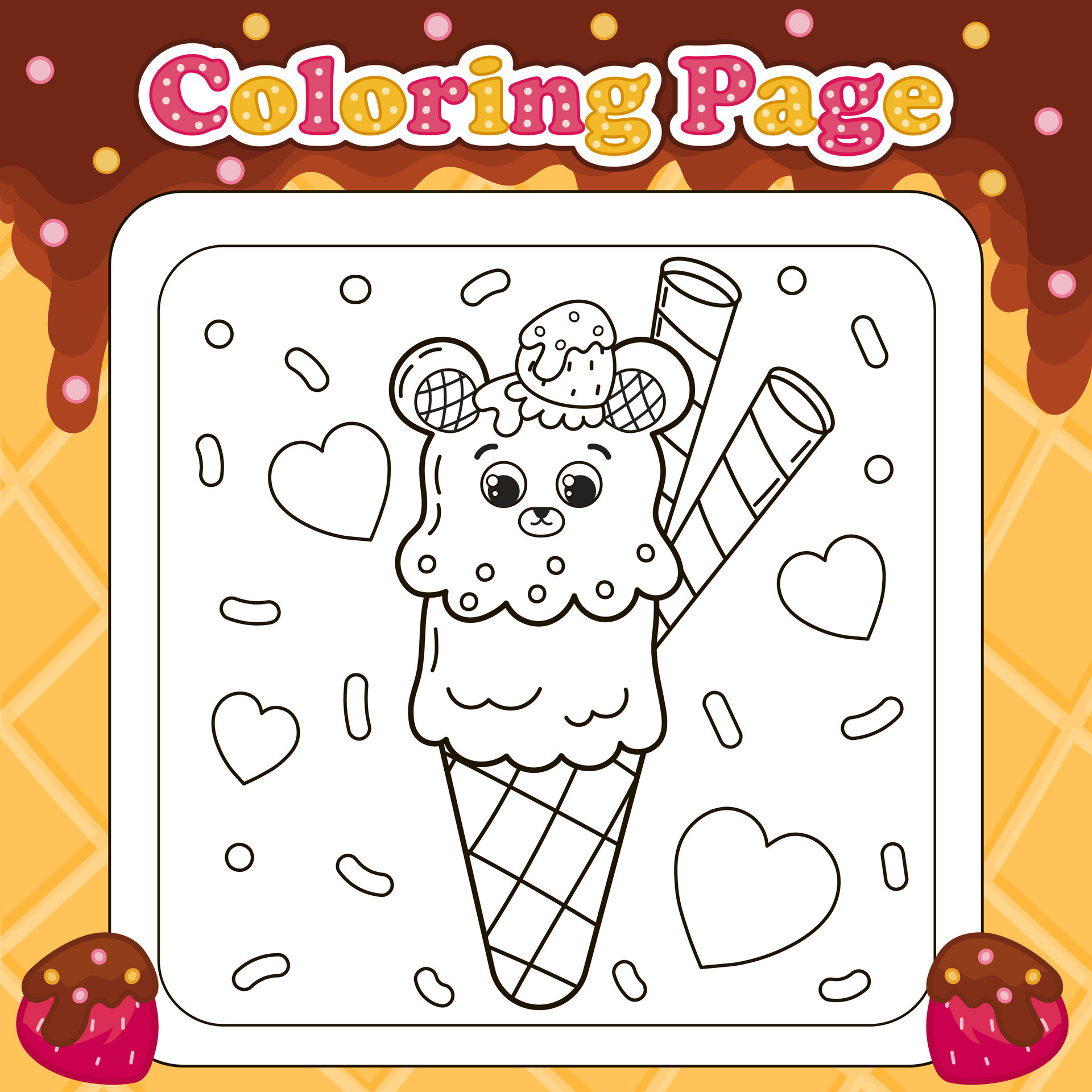 Summer sweets themed coloring page for kids with kawaii animal ...