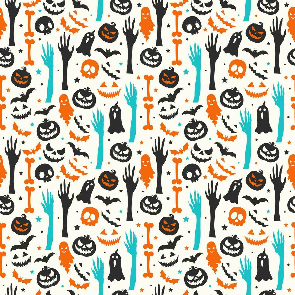 Halloween colorful seamless flat pattern with pumpkins flying bats ...