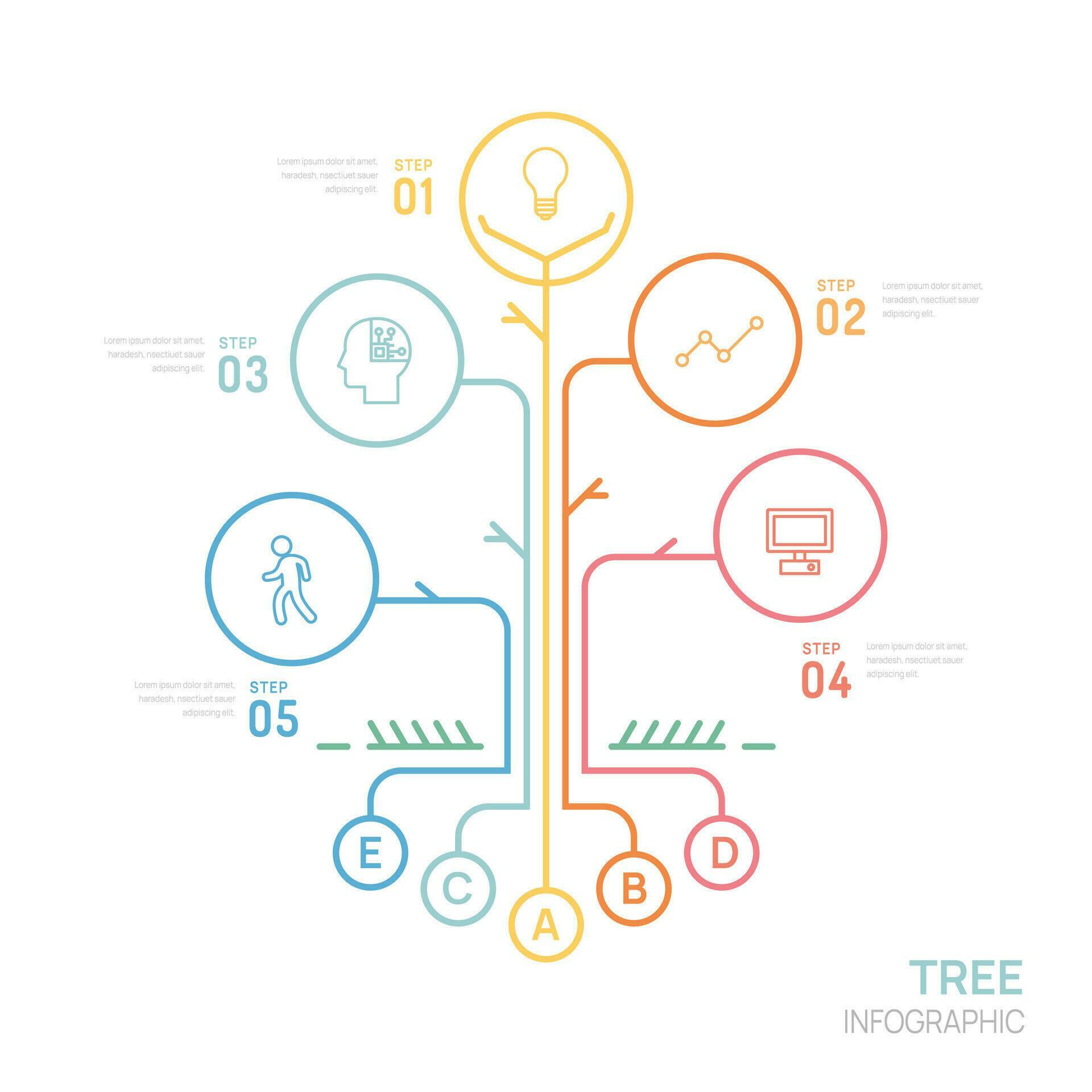 Infographic Tree diagram template for business. Timeline 5 step arrows ...