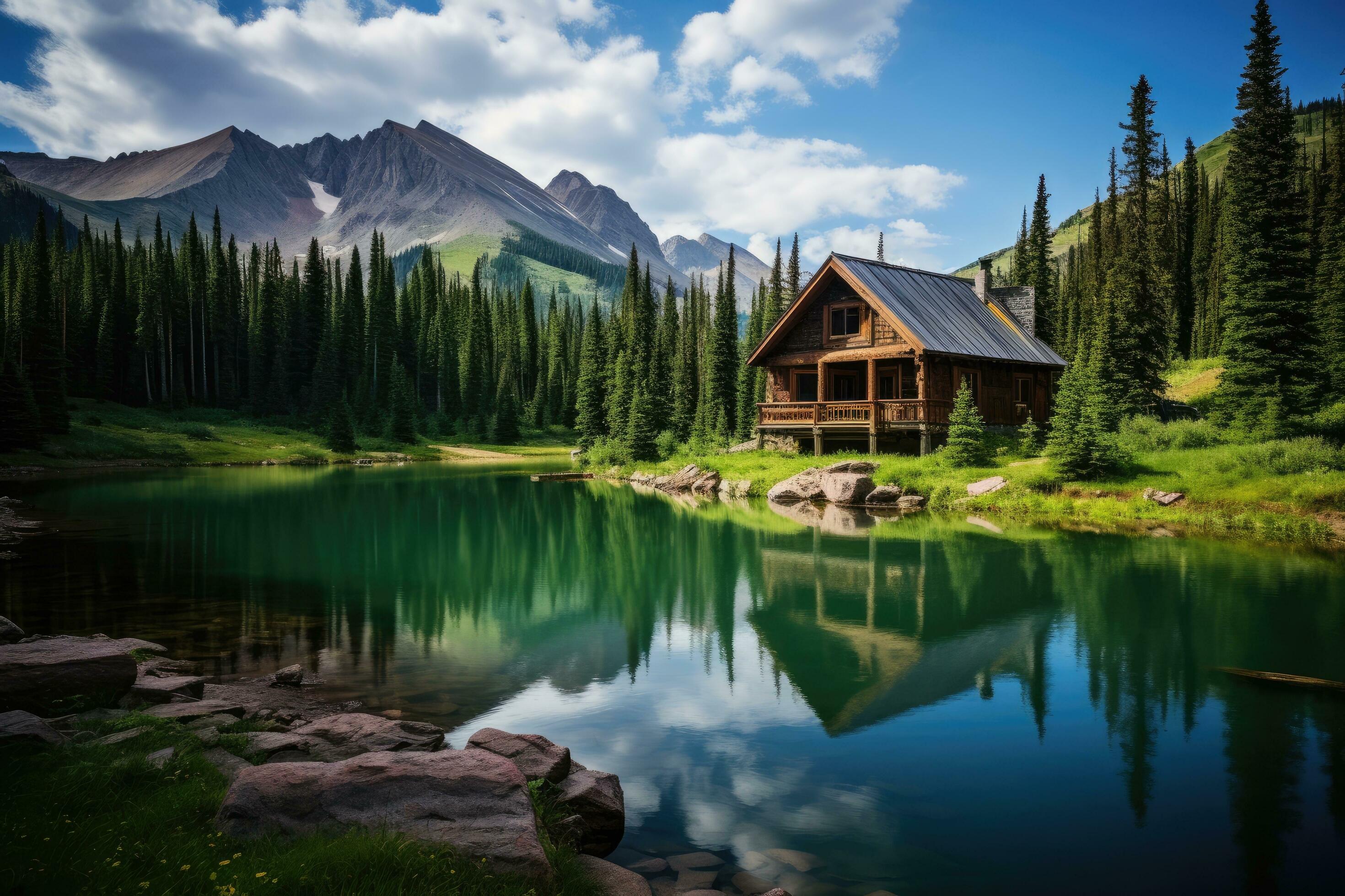 Mountain lake with wooden house and reflection in the water, Alberta, Canada, Emerald Lake In ...