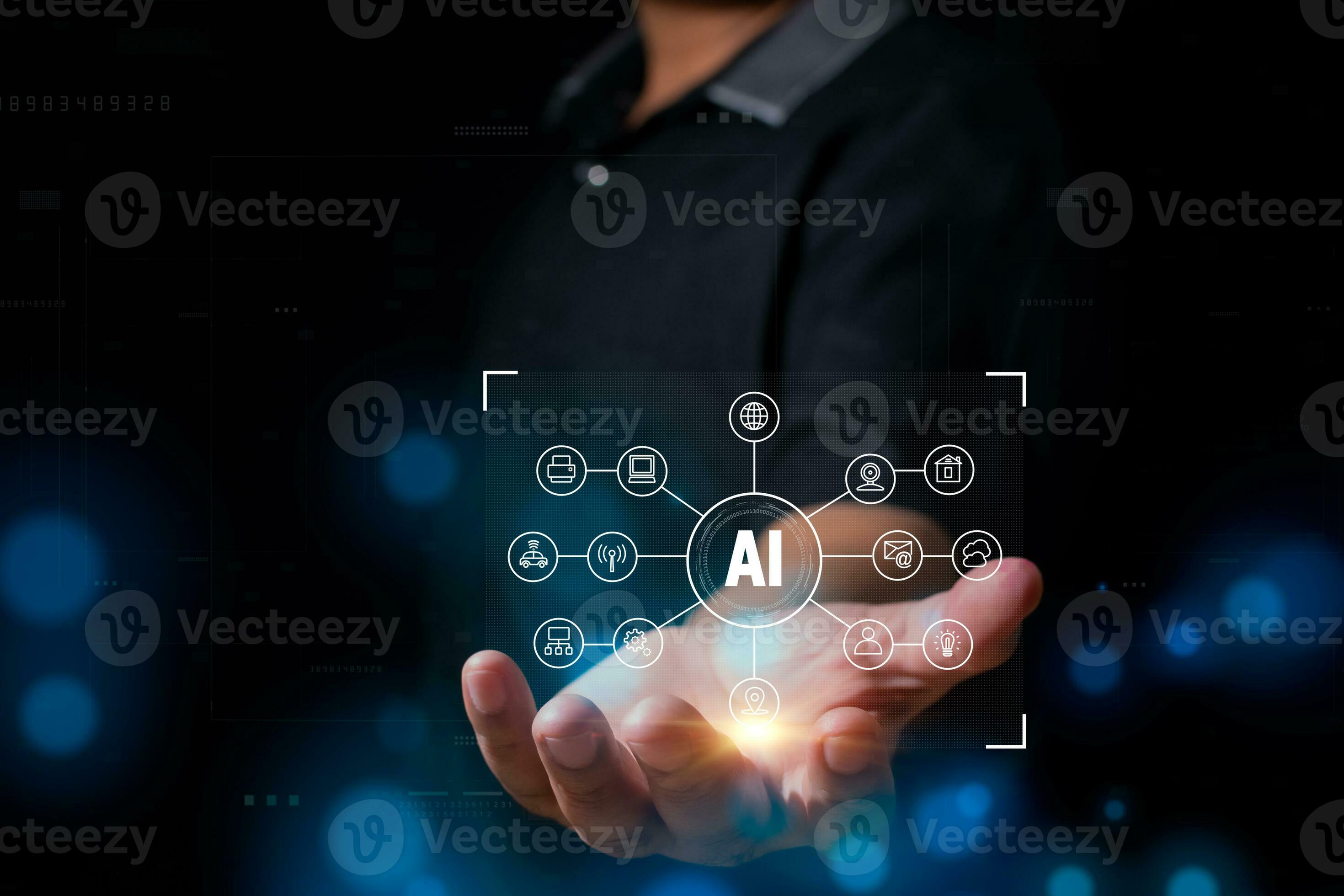 Businessman showing Artificial Intelligence AI Concept. Futuristic Technology Digital Data ...