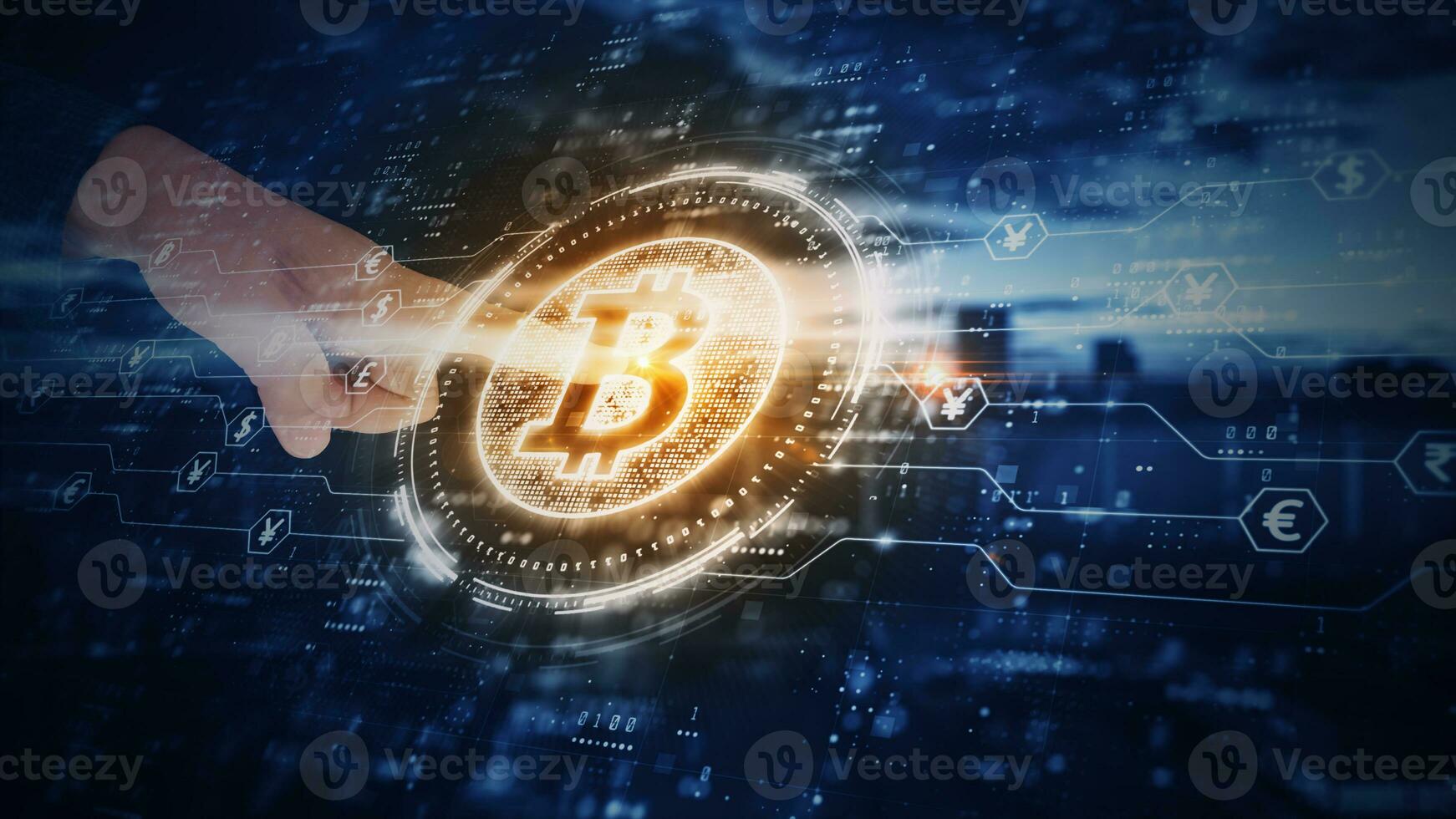 Hands touch bitcoin blockchain cryptocurrency digital encryption, Digital money exchange ...