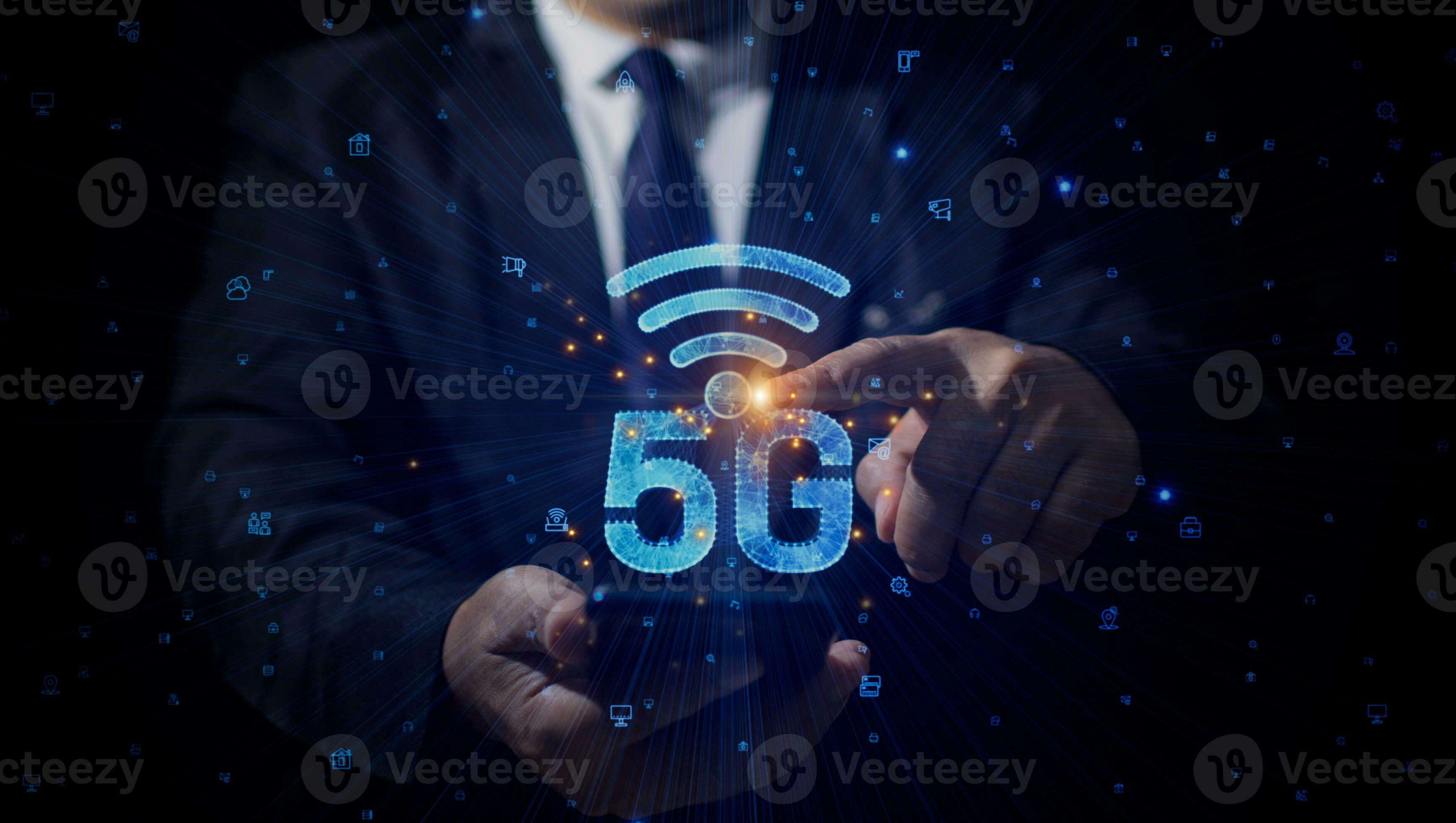 Double exposure businessman's touches icon 5g high-speed internet ...